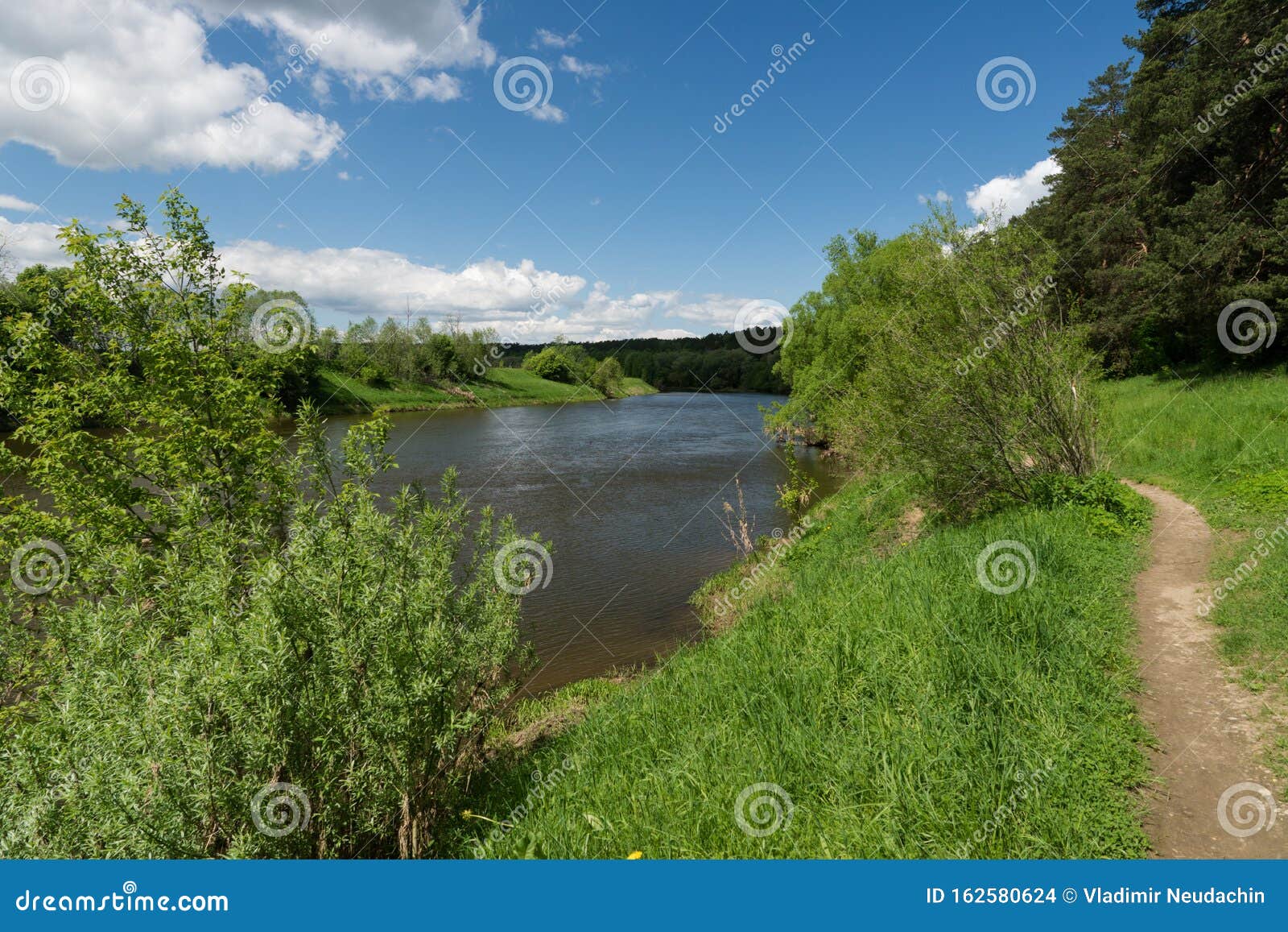 Summer Riverscape with Blue Sky, Clouds and Water Reflections Stock ...
