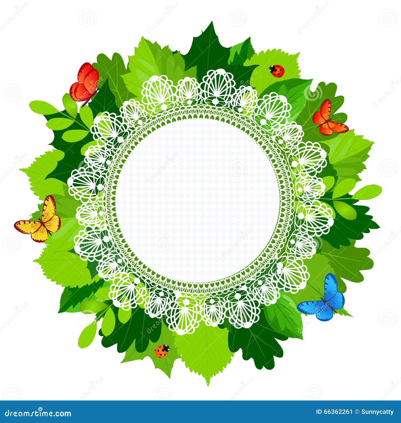 Summer Round Leaves Frame with Lace and Butterflies Stock Vector ...