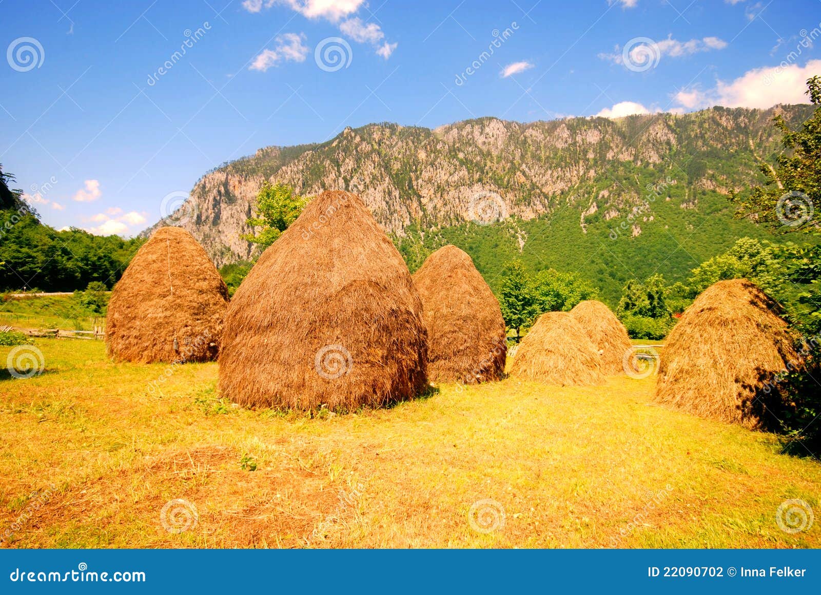 Summer Rural Landscape with Mountain and Haystacks Stock Photo - Image ...