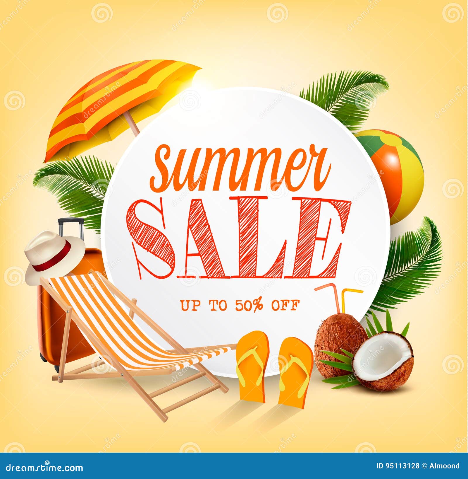 Summer Sale Template Vector Banner with Colorful Beach Elements. Stock ...