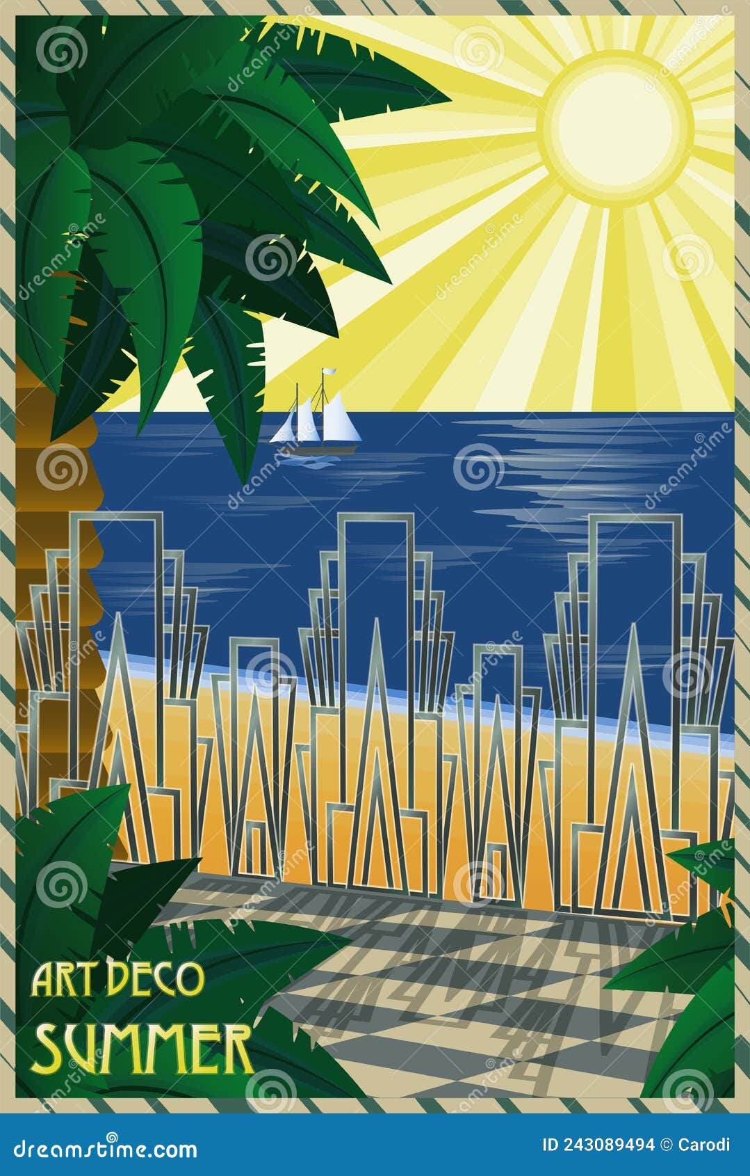 Summer Seafront Art Deco Card,vector Stock Vector - Illustration of ...