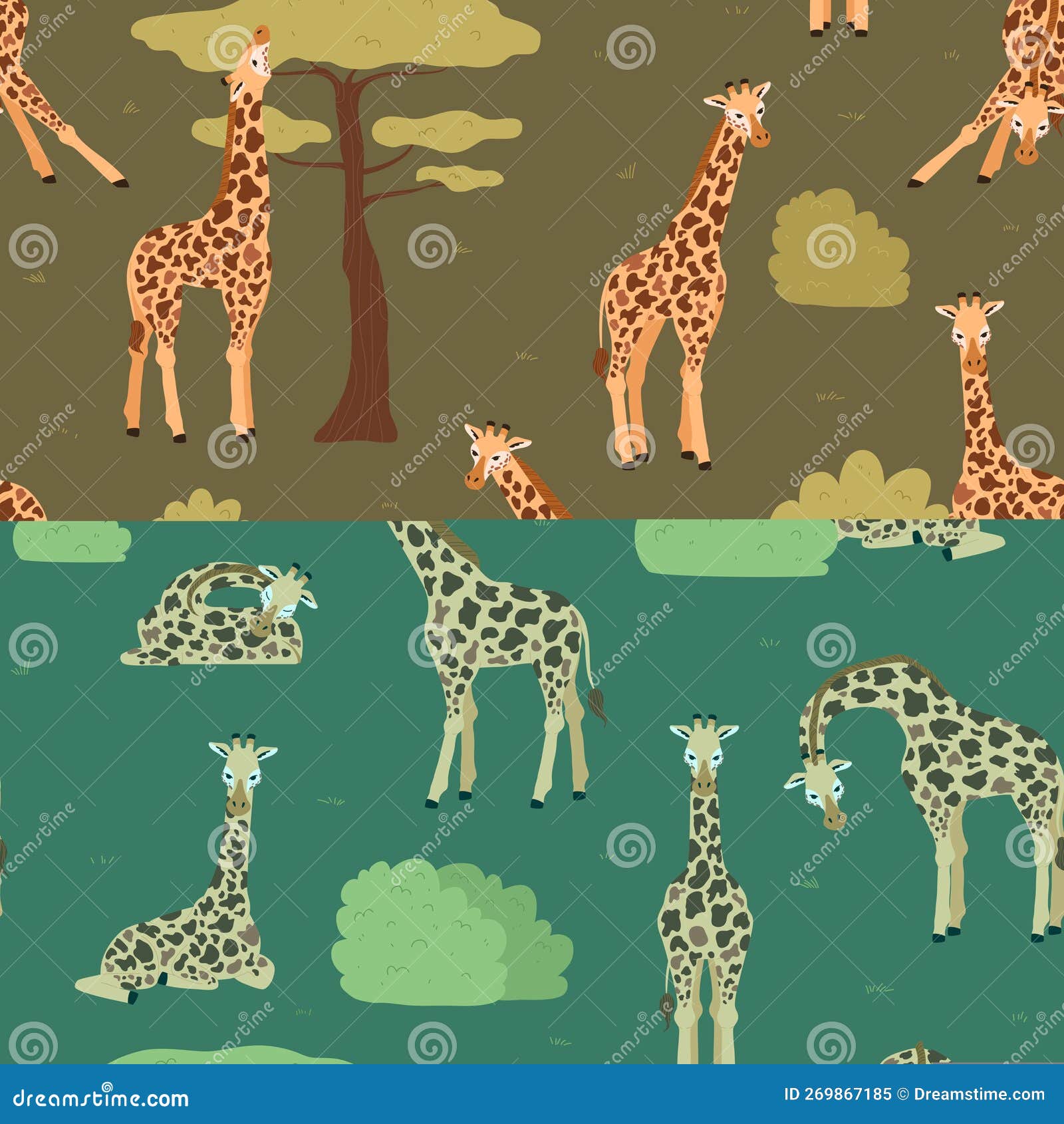 Summer Seamless Pattern Design with Exotic Giraffes Flat Vector ...