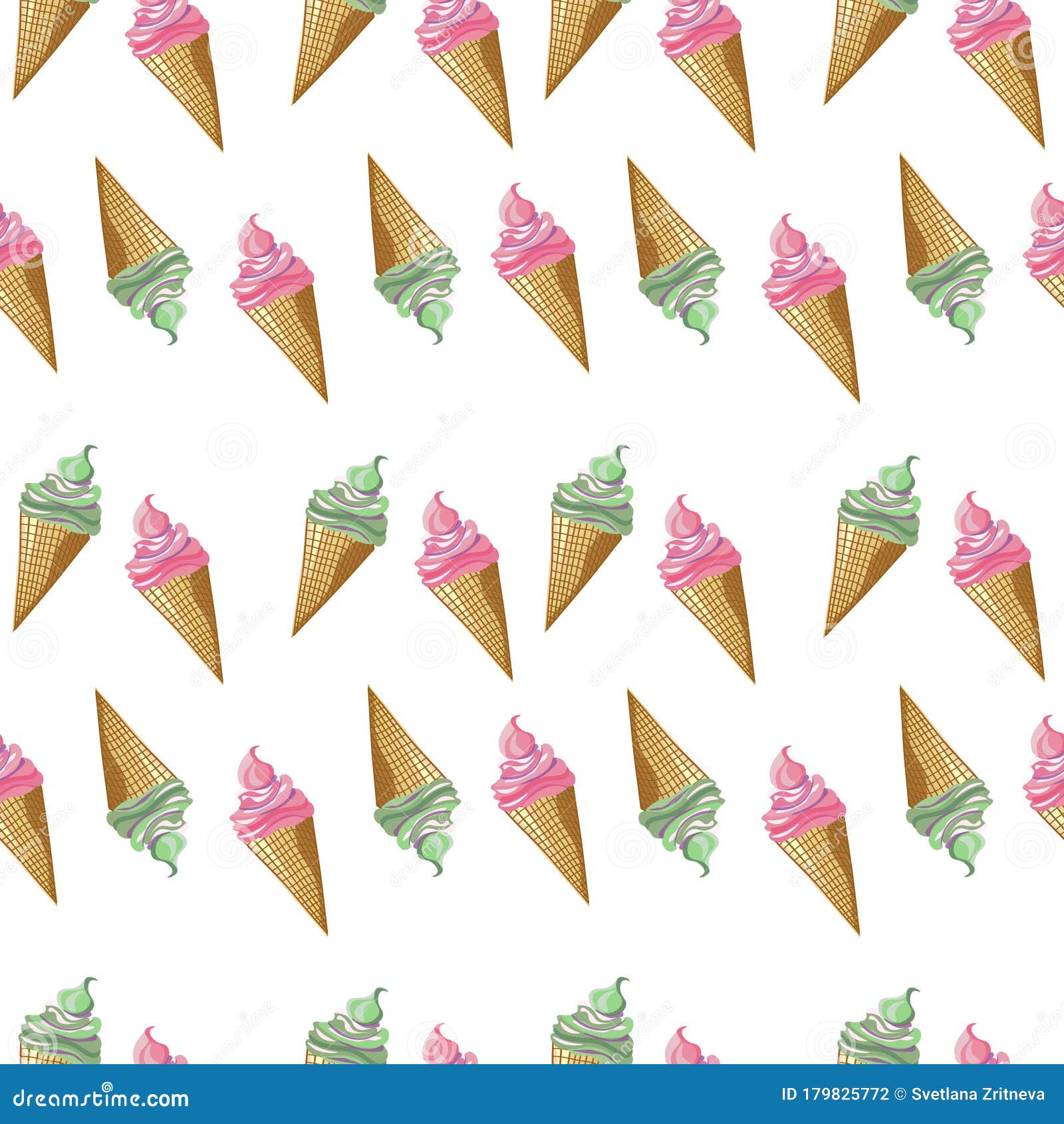 Summer Seamless Pattern With Ice Cream Cones Of Assorted Flavors Stock