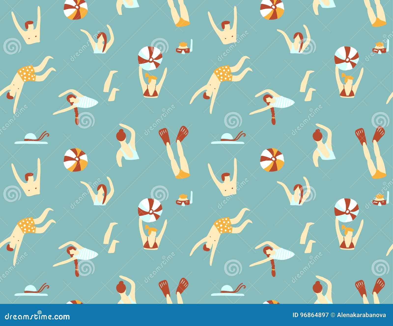 Summer Seamless Pattern. People Swimming in the Sea. Vector ...