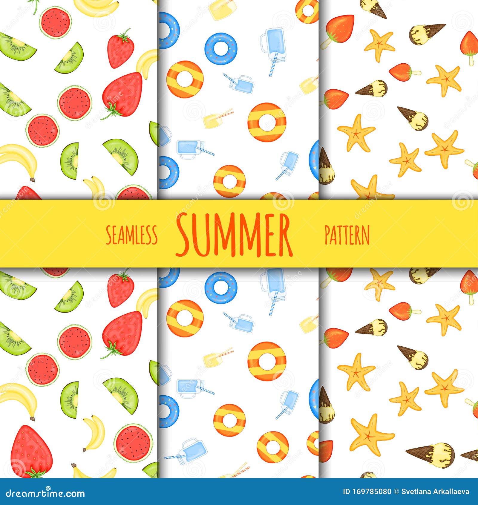 Summer Seamless Pattern Set. Cartoon Style Stock Illustration ...