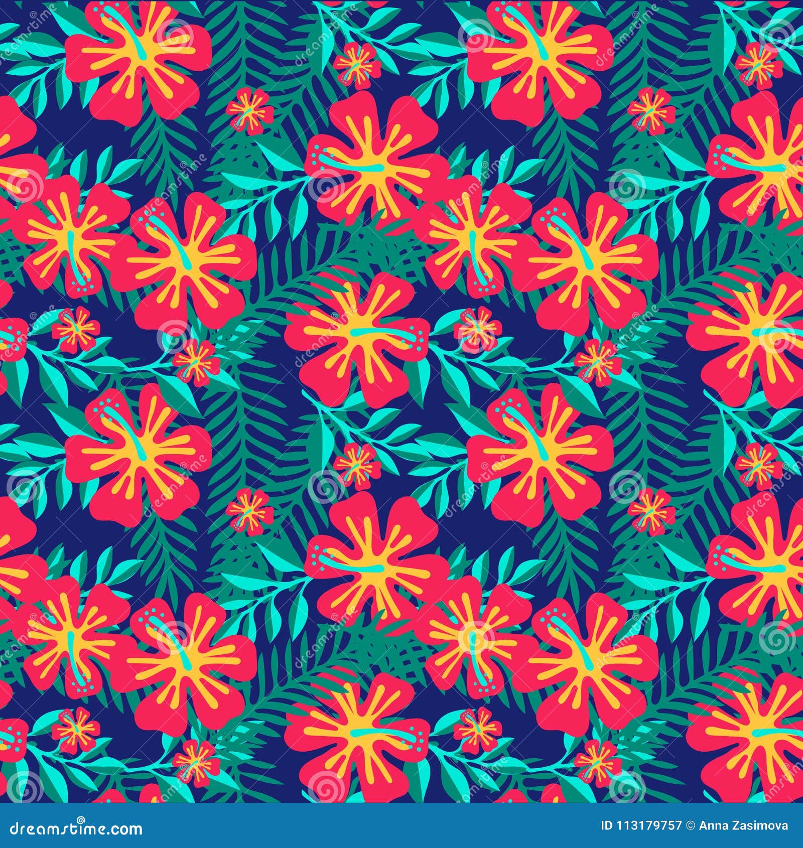 Summer Seamless Pattern. Tropical Palm Leaves and Flowers Seamless ...