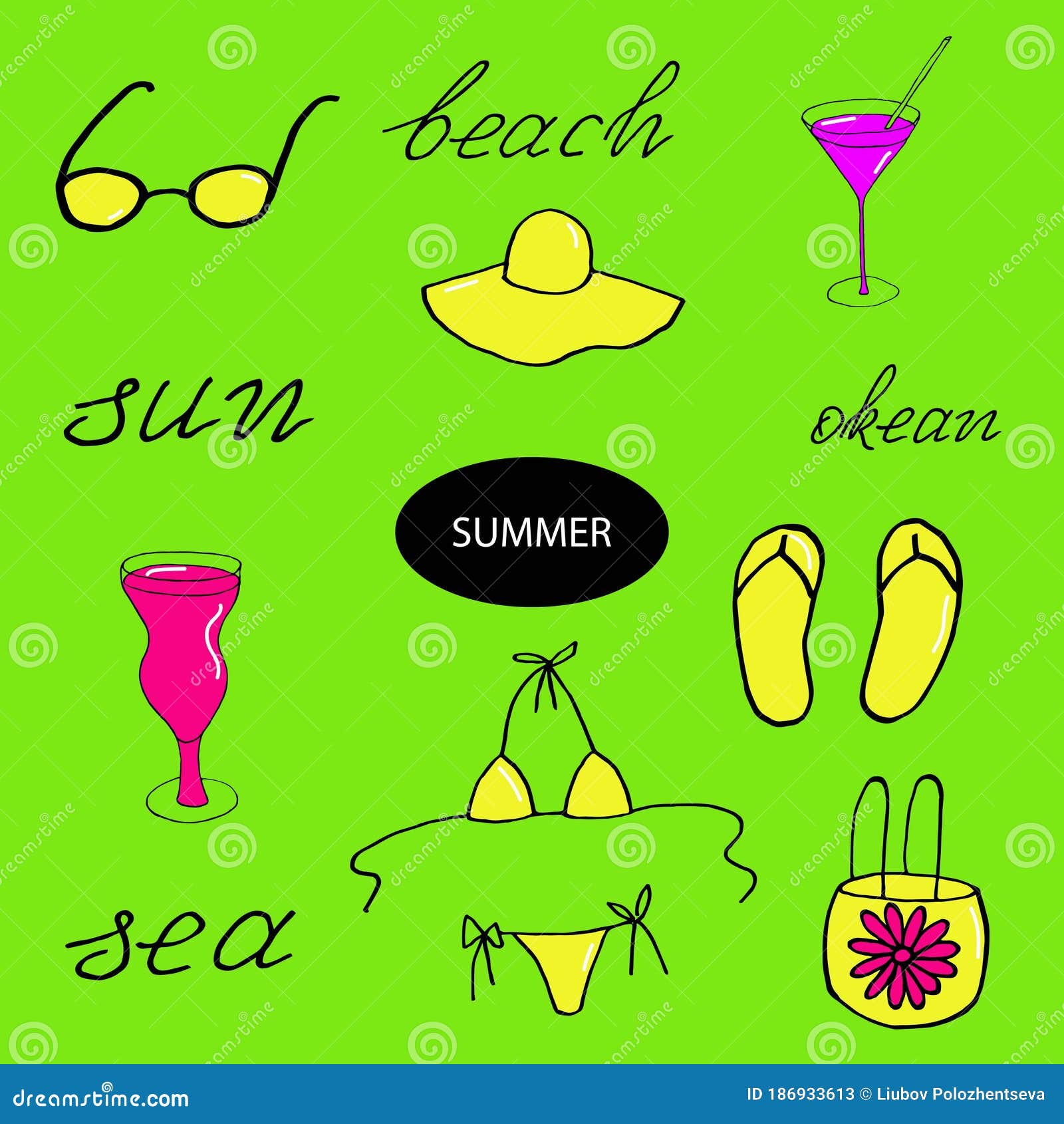 Summer Set on the Beach and the Sea, Hand Drawing, Vector Stock ...