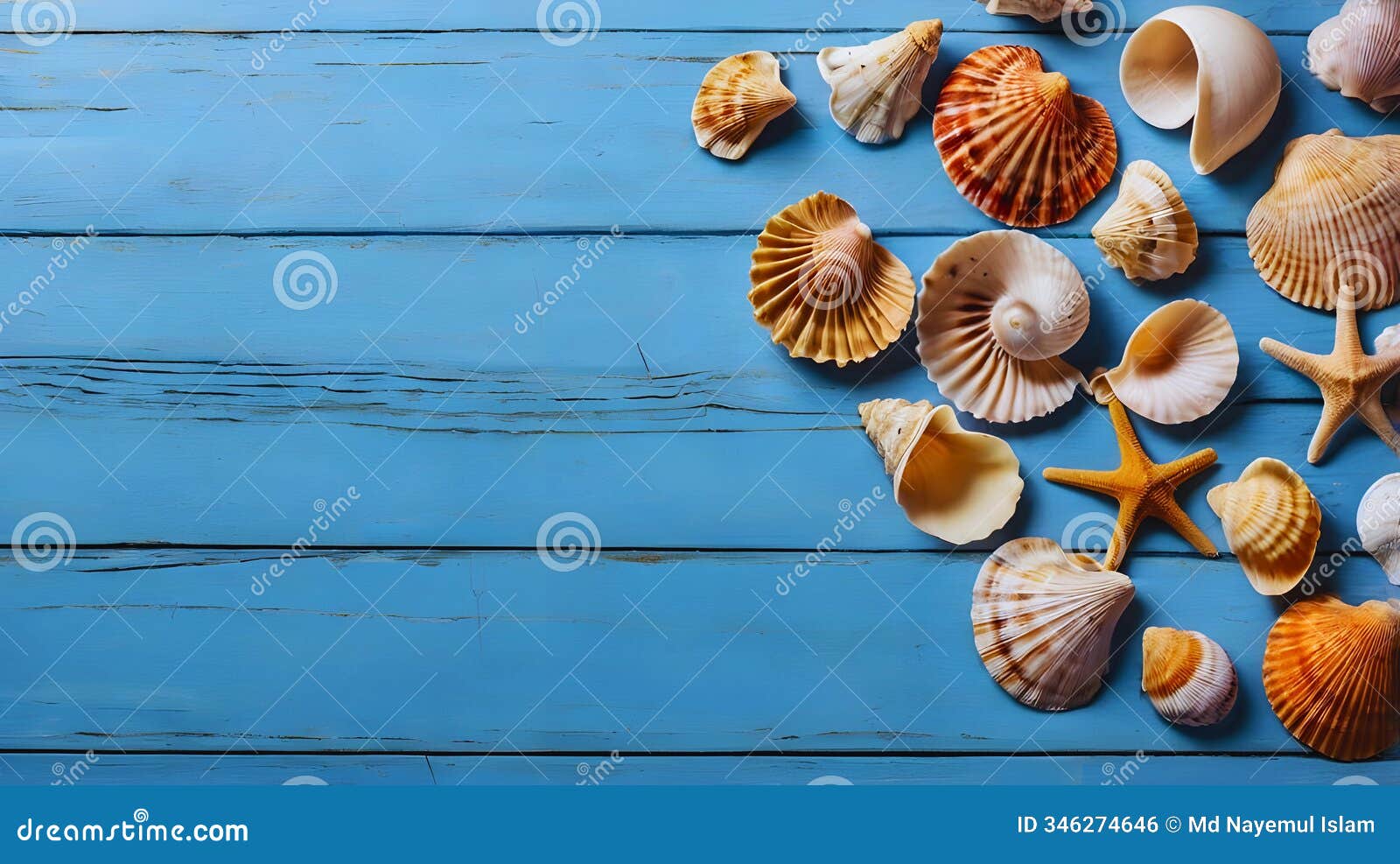 Summer Shells Blue Wood Banner Background. Shells on a Light Blue Wood ...