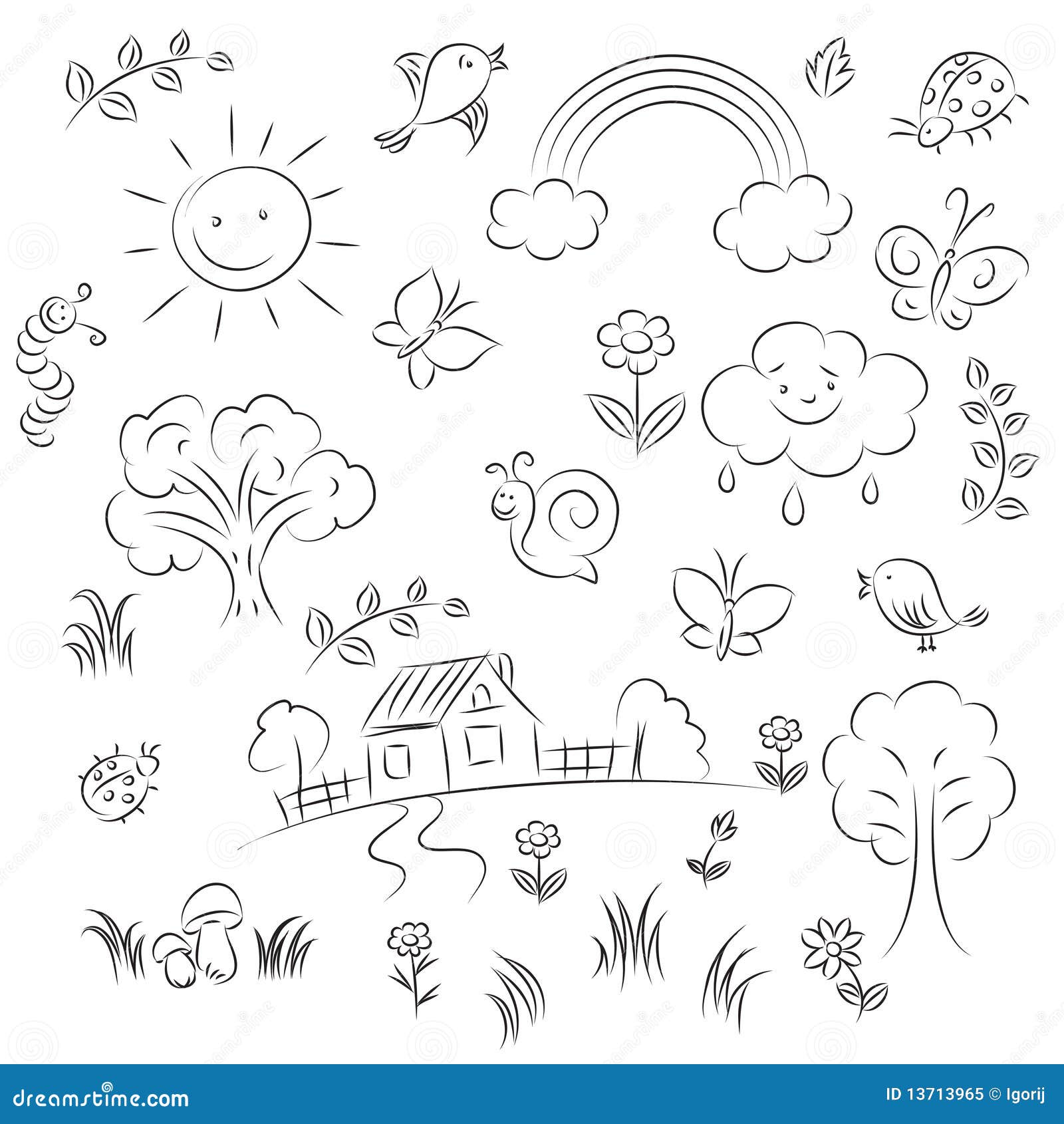Summer sketch set stock illustration. Illustration of houses - 13713965