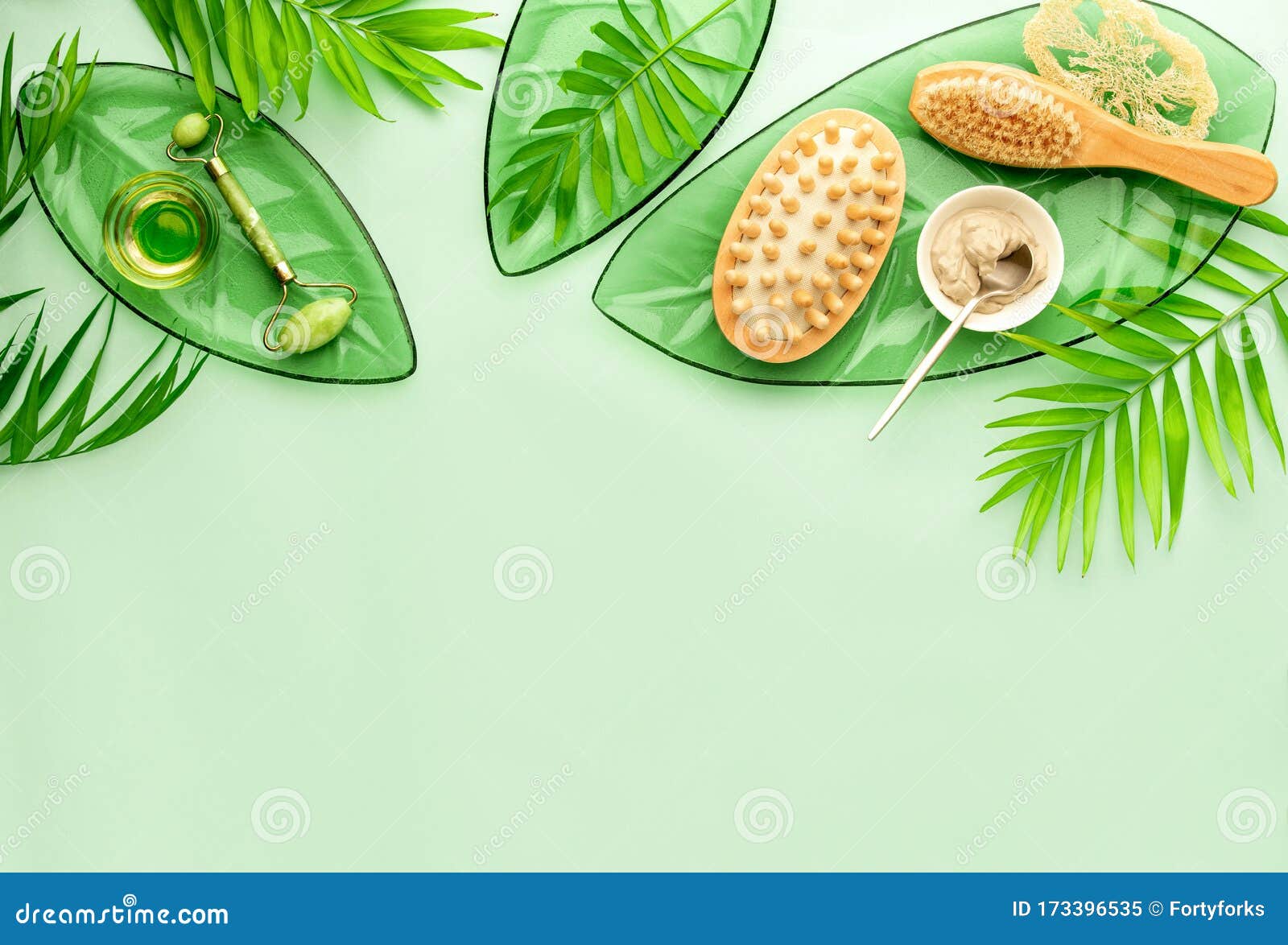Summer Spa Setting Background with Cosmetic Clay and Massage Brushes ...