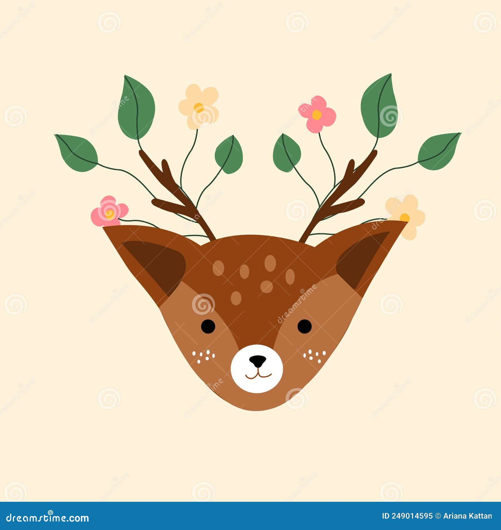 Summer and Spring Vector Illustration with Cute Deer and Flowers. Stock ...