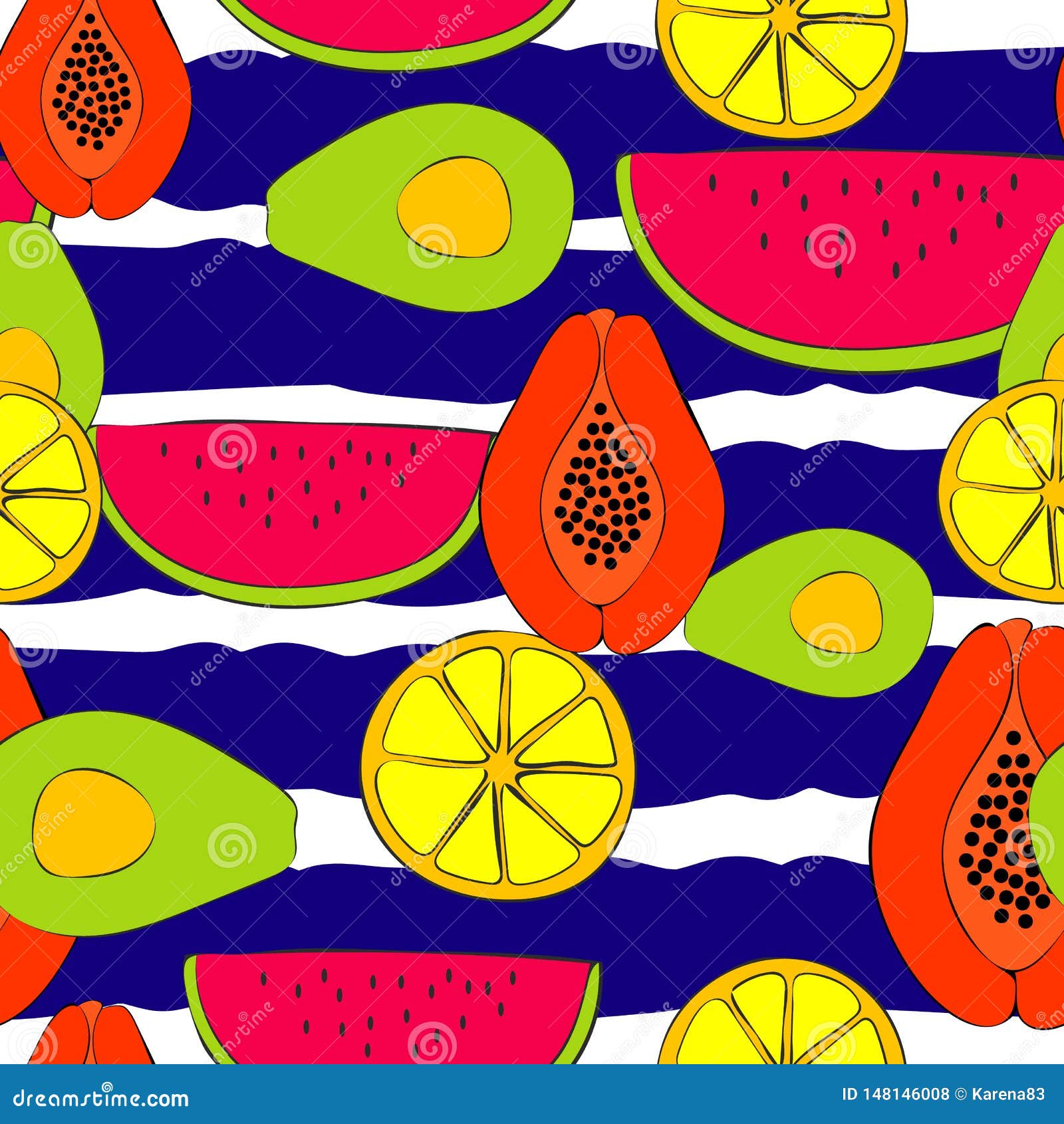 Summer Striped Vibrant Fruit Pattern Seamless Repeat Pattern Vector ...
