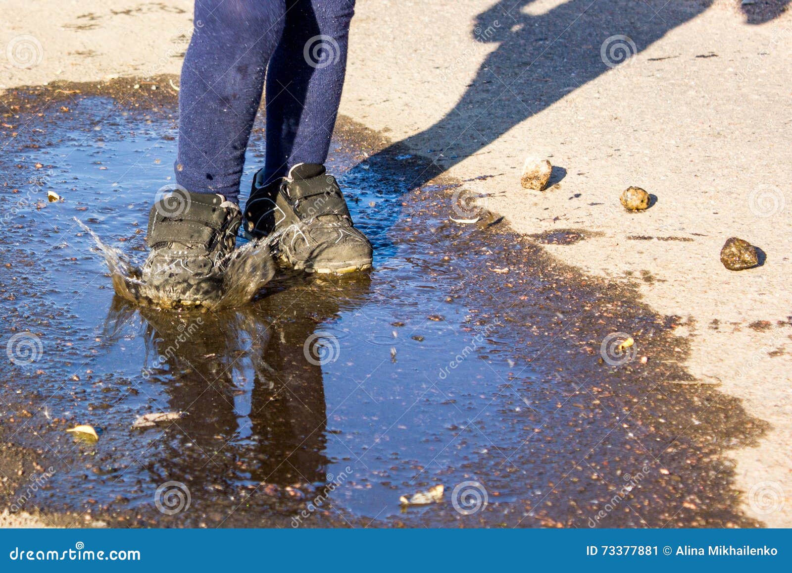 Summer Stroll Kid in Shoes in Puddle. Stock Image - Image of sneakers ...