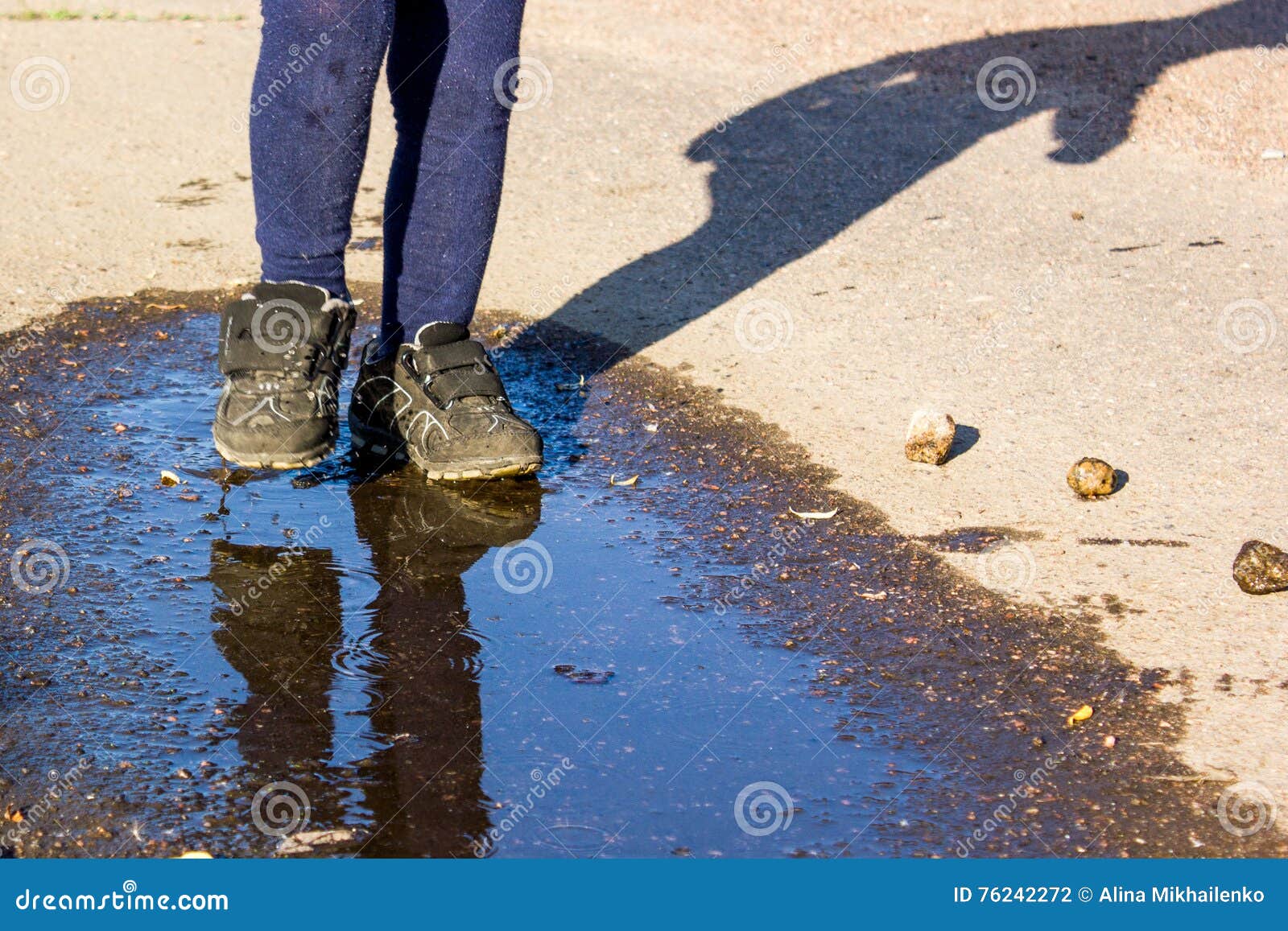 Summer Stroll Kid in Shoes in Puddle. Stock Photo - Image of play ...