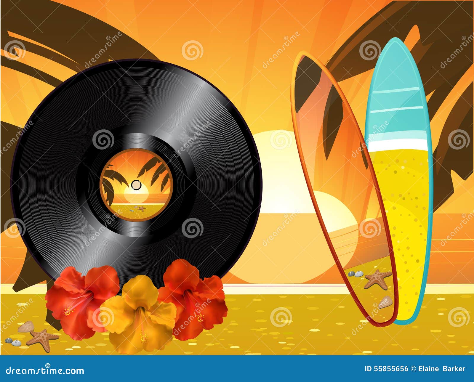 Summer Sunset Background with Vinyl Record Surfing Board Stock ...