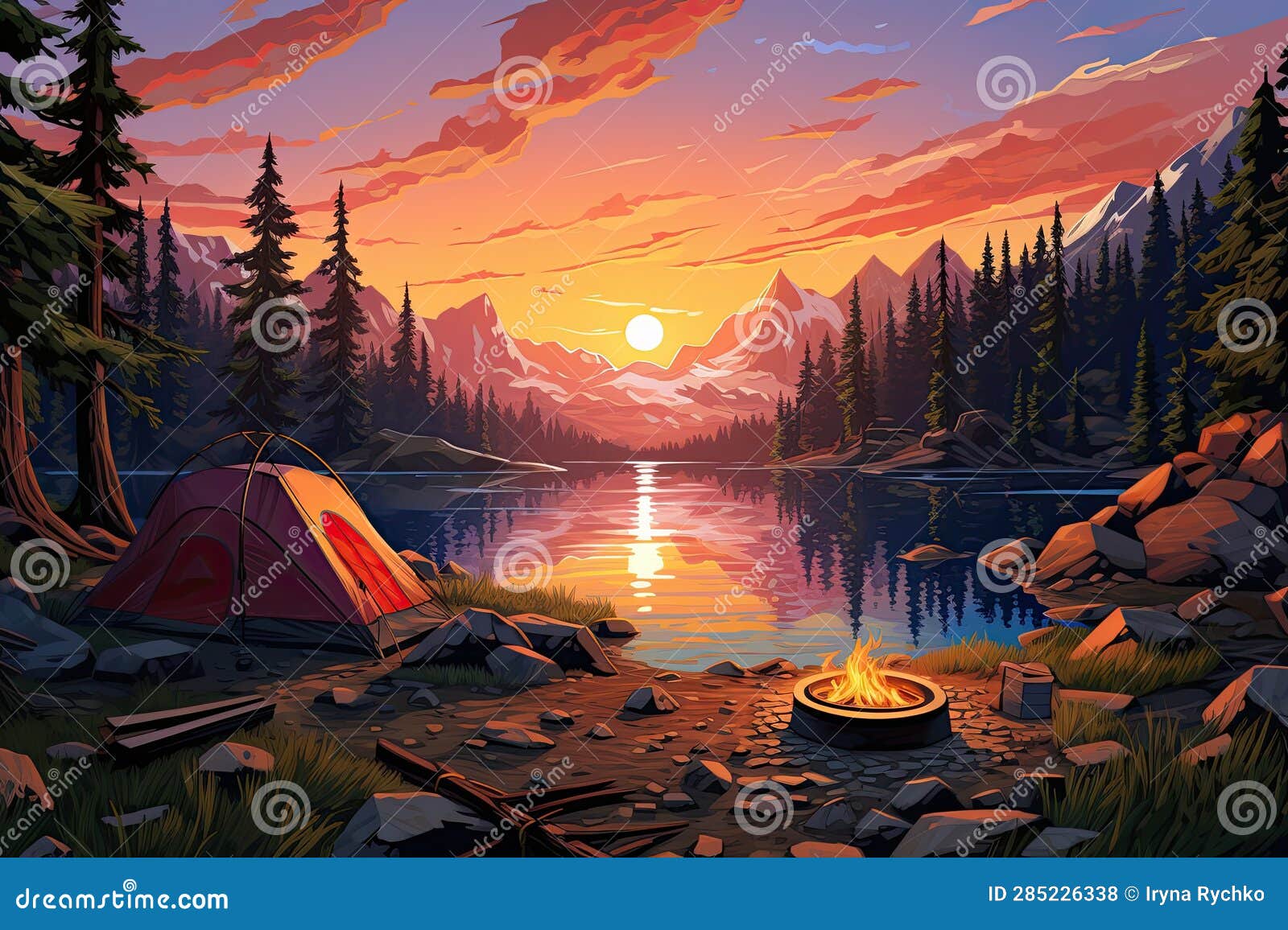 Spring Sunset Camping in Mountains Stock Photo - Image of trekking ...