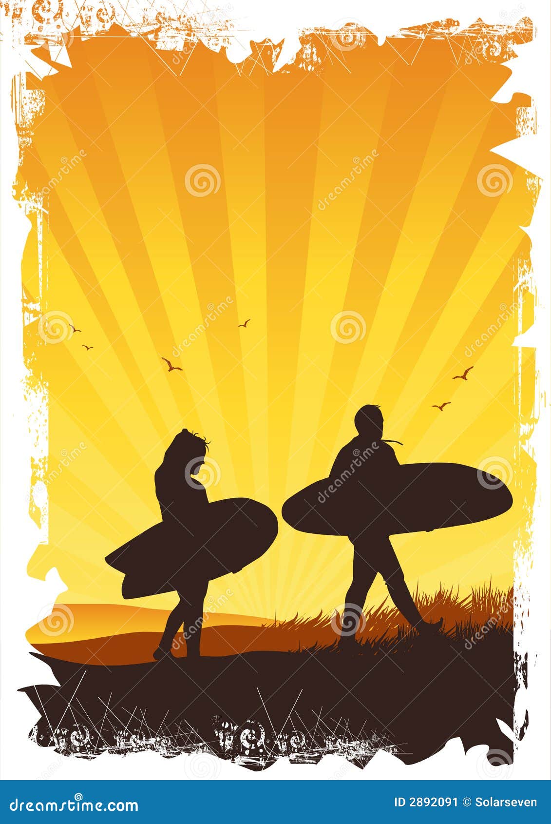Summer Surf Hand Draw Set With Surfboard, Wave, Palm Tree And Shark ...