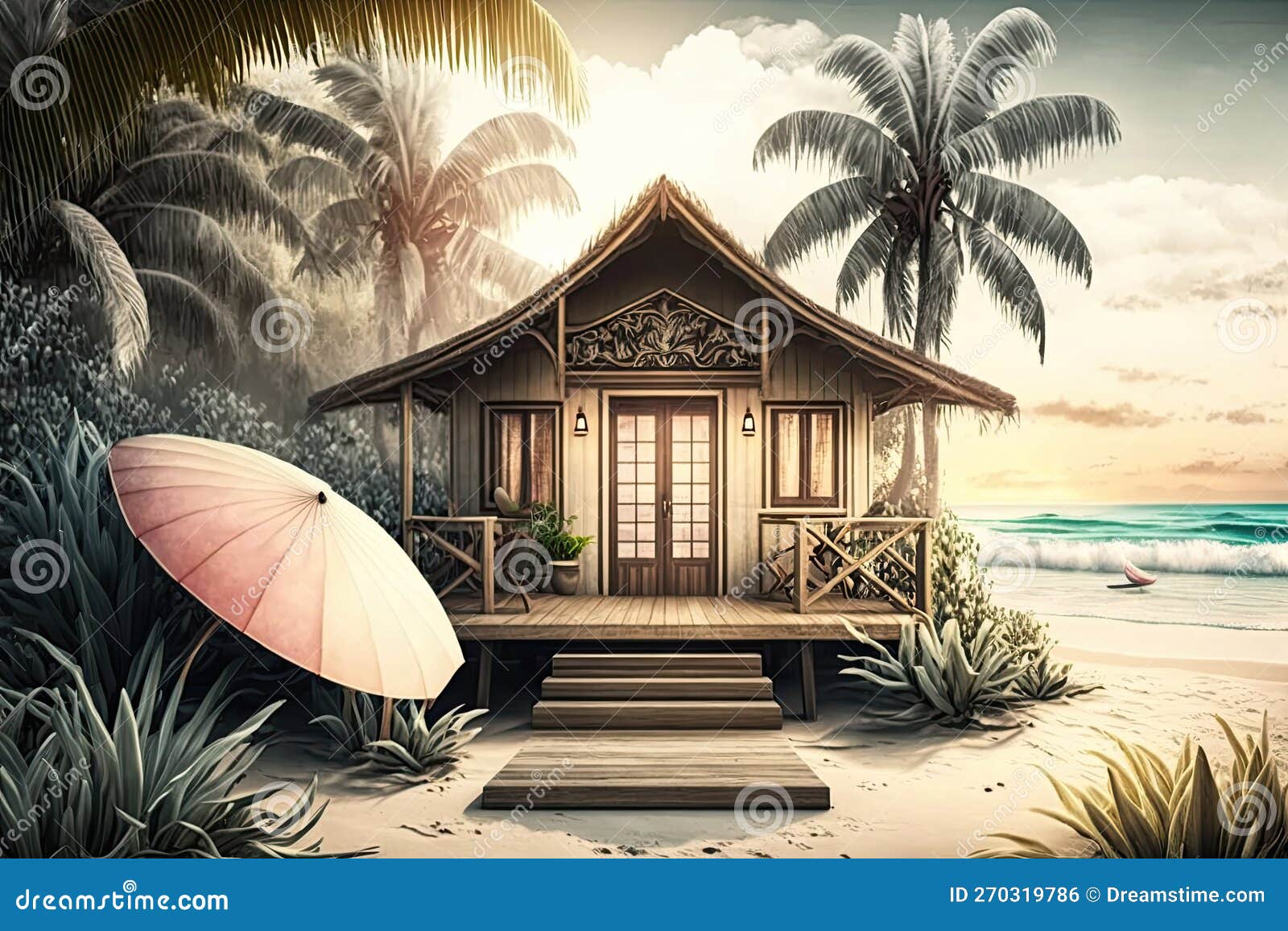 Summer Surf Beach House and Surf Board Stock Photo - Image of sand ...