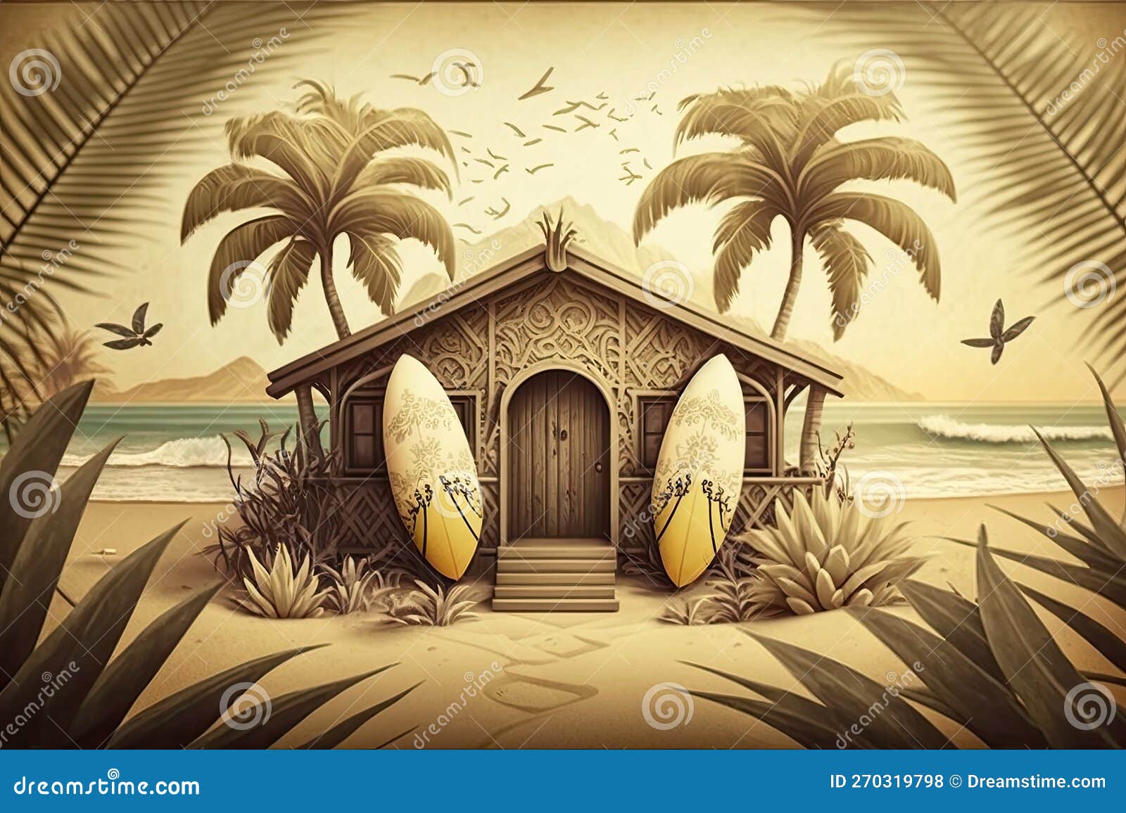 Summer Surf Beach House and Surf Board Stock Photo - Image of sand ...