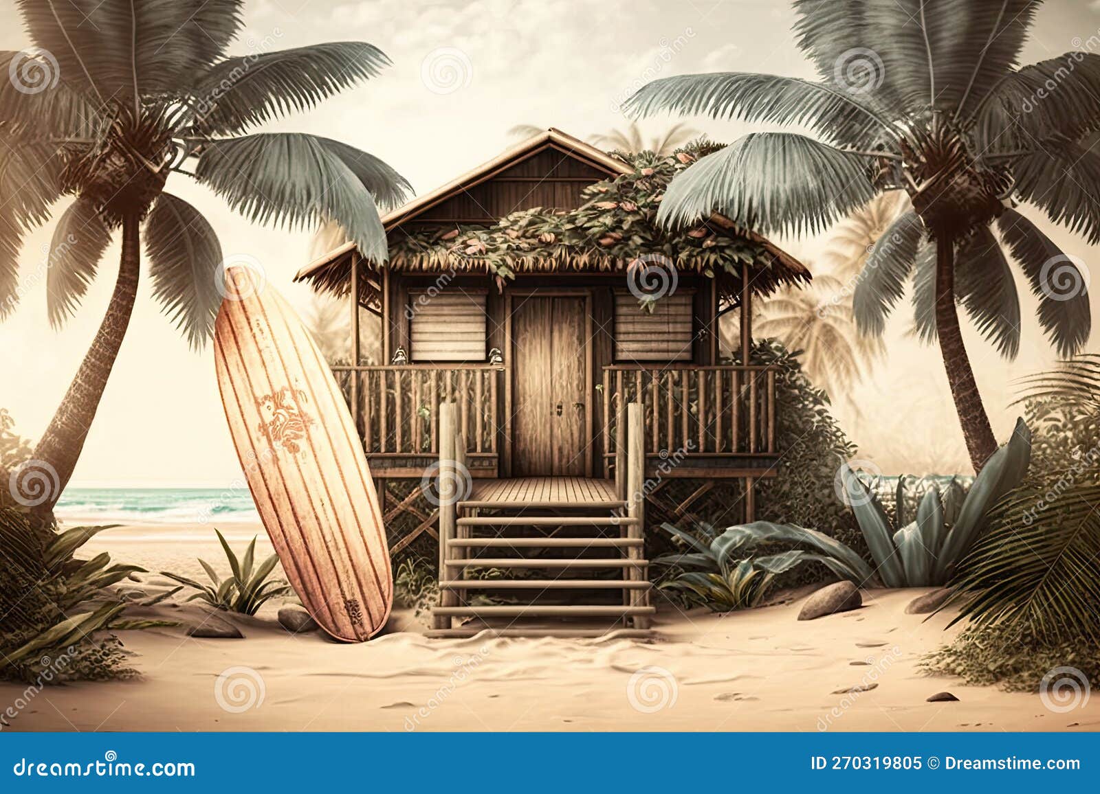 Summer Surf Beach House and Surf Board Stock Image - Image of blue ...