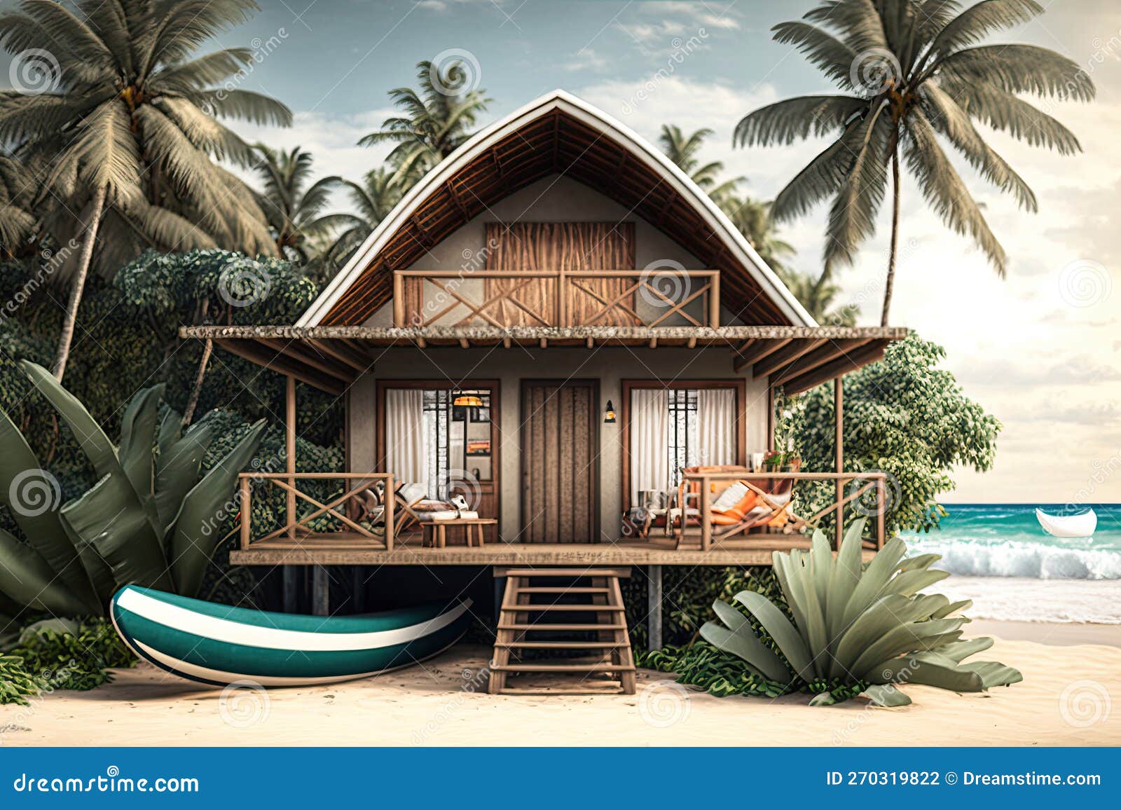 Summer Surf Beach House and Surf Board Stock Photo - Image of beach ...