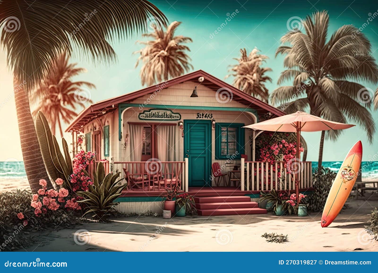 Summer Surf Beach House and Surf Board Stock Image - Image of tree ...