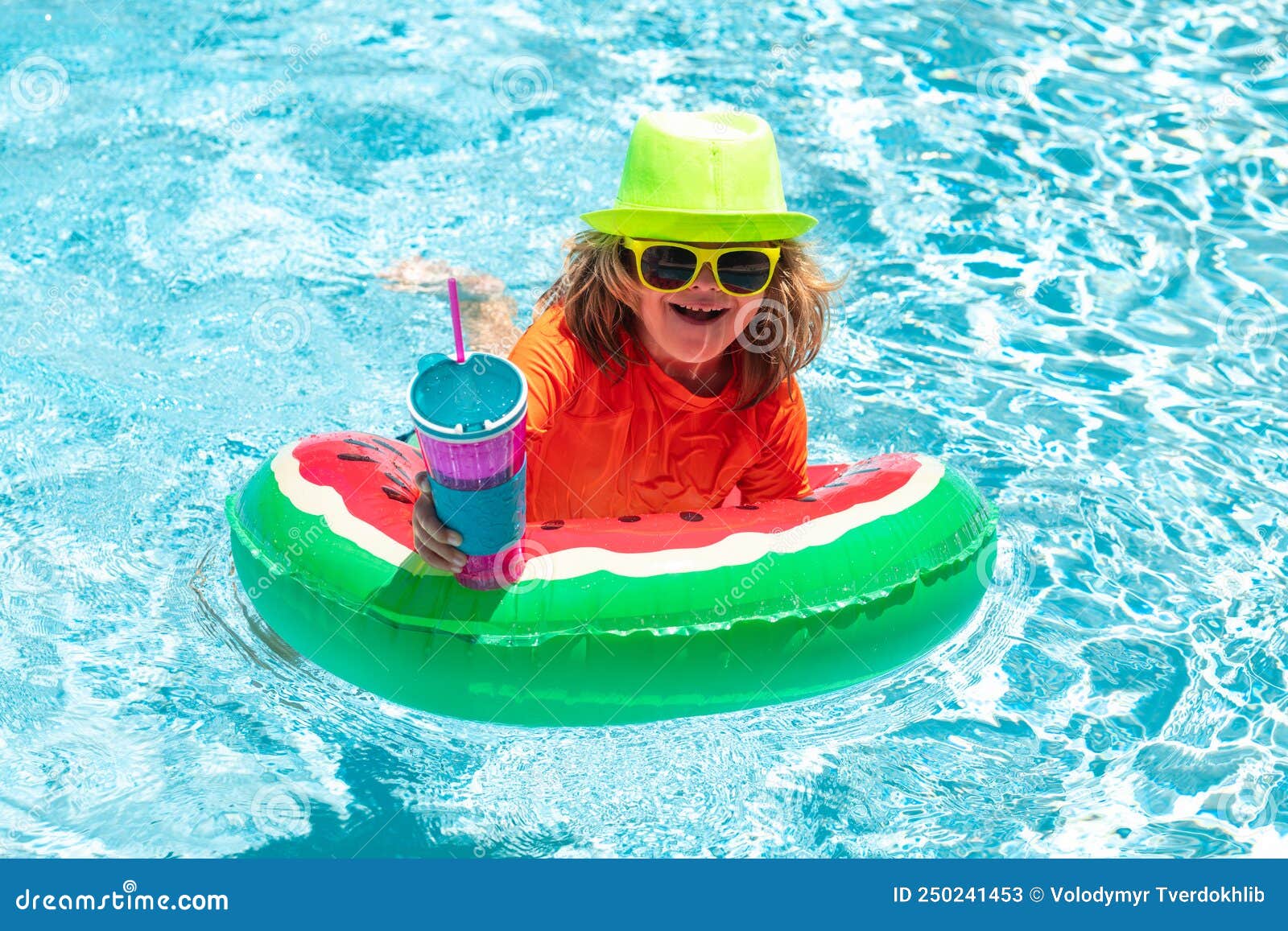 Summer Swimming and Relax, Swim on Ring in Pool, Poolside. Children ...