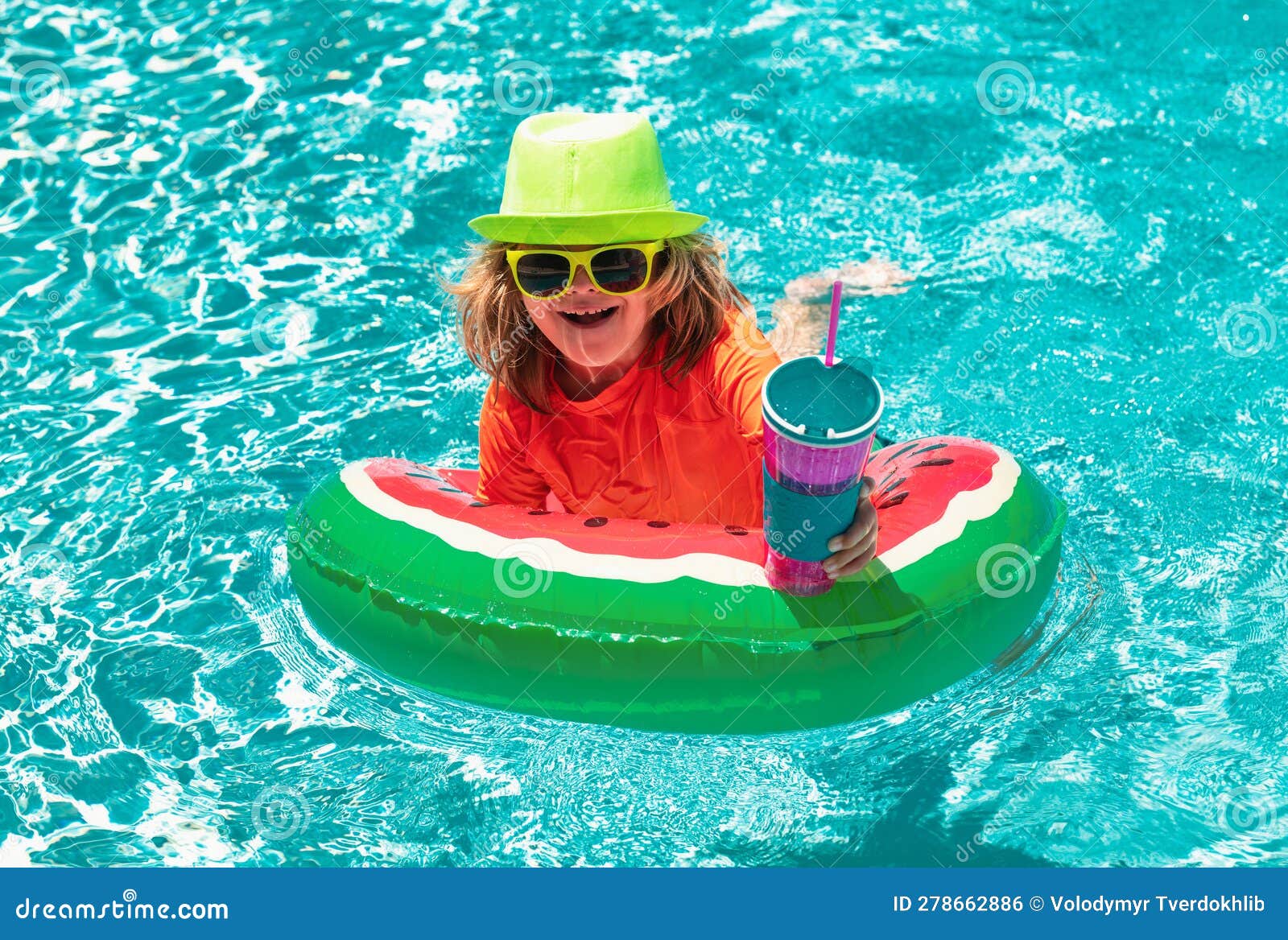 Summer Swimming and Relax, Swim on Ring in Pool, Poolside. Children ...