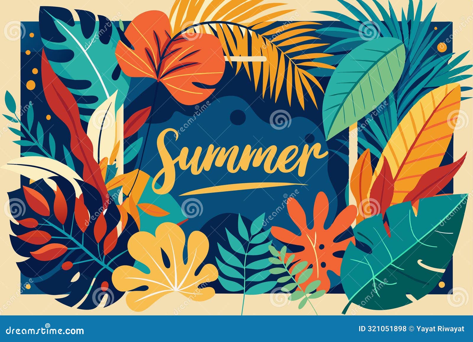 Summer Text with a Box Frame and a Background of Dense Tropical Leaves ...