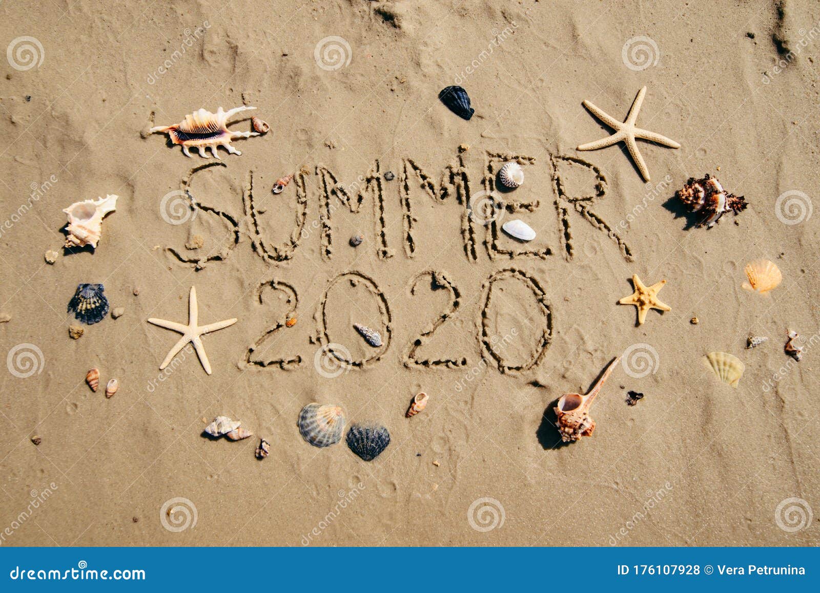 Summer 2020 Text on Sand Beach Shells and Starfish Around Stock Photo ...