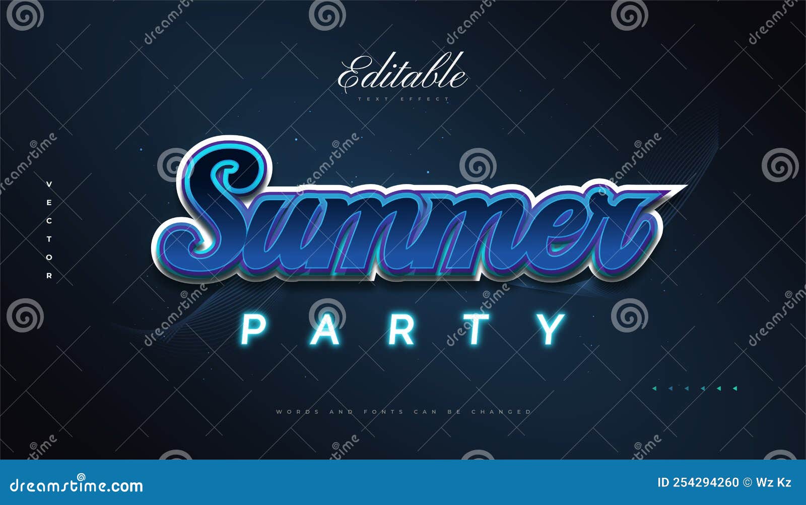 Summer Text in White and Blue Style with Glowing Neon Effect. Editable ...