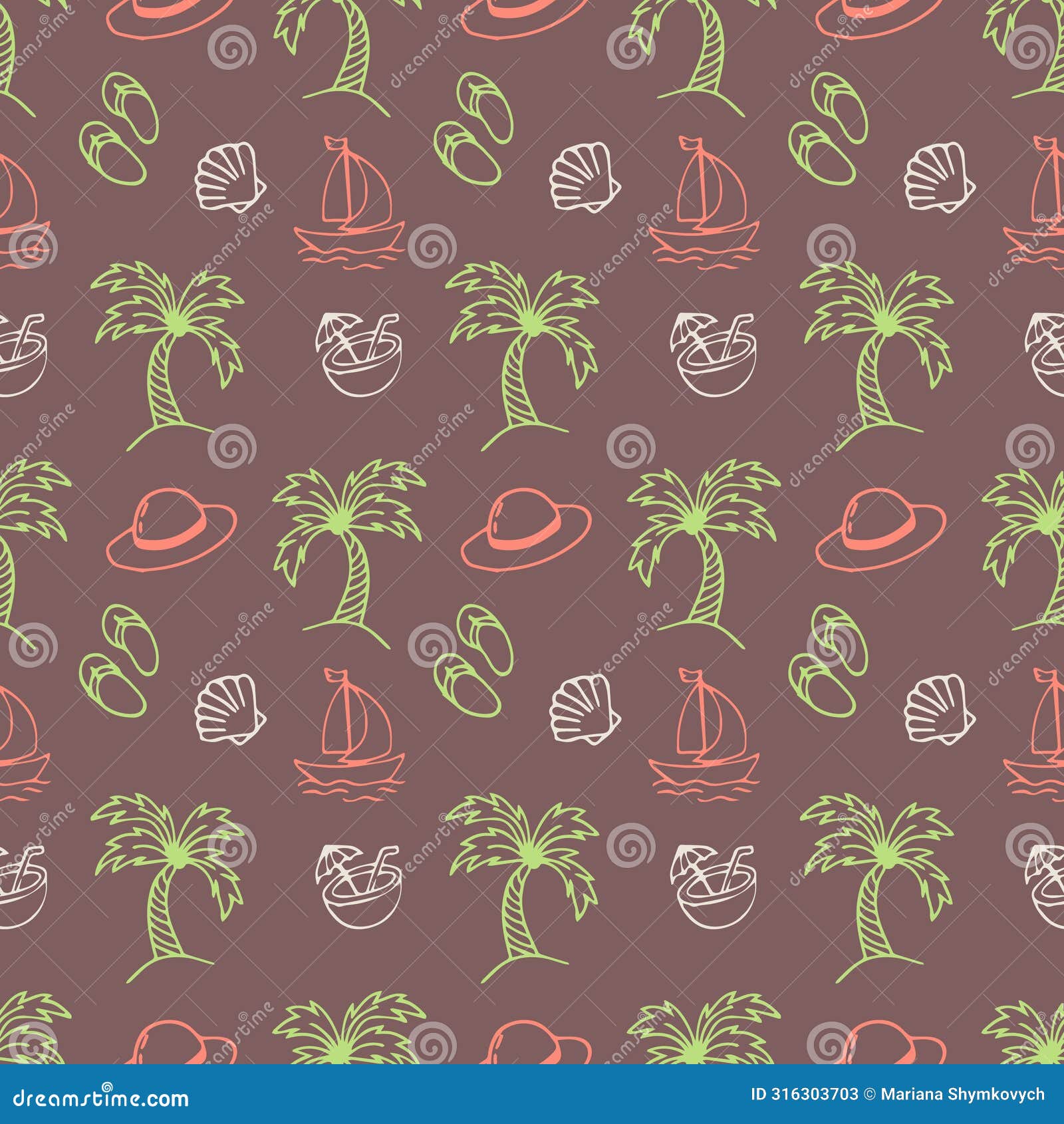 Summer Themed Doodle Style Seamless Pattern with Palm Trees, Seashells ...