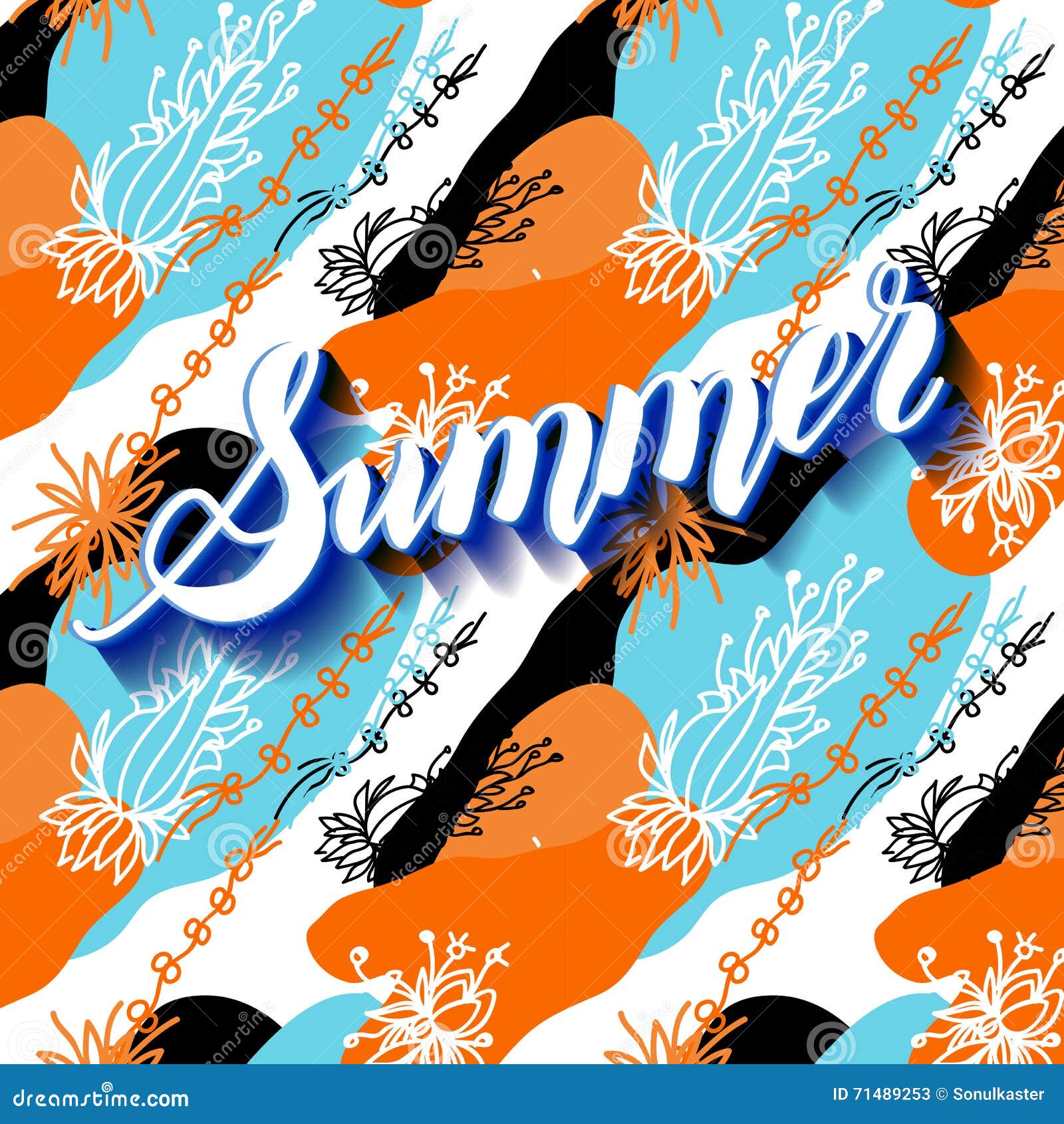 It is Summer Time Abstract Lettering Background. Vector Illustration. Summer on Seamless Floral ...