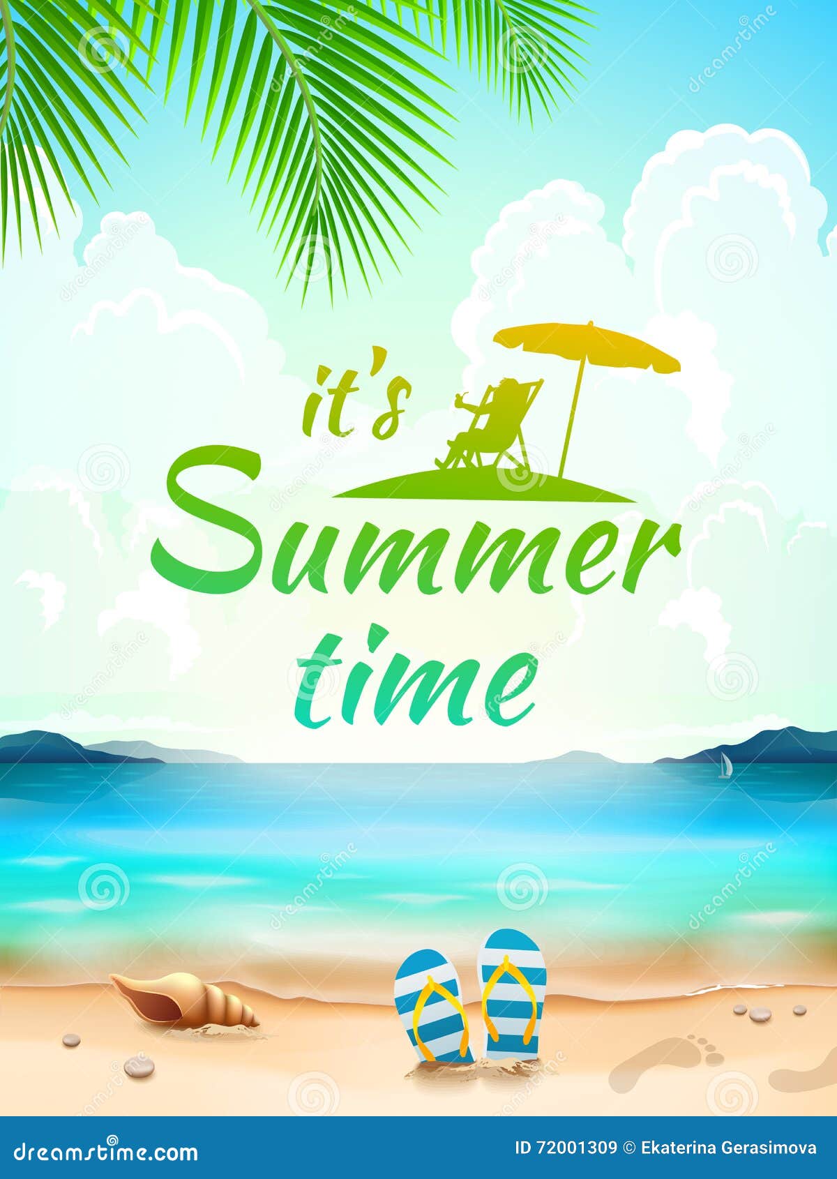 Summer Time on Background Seascape, Beach, Waves with Realistic Objects ...