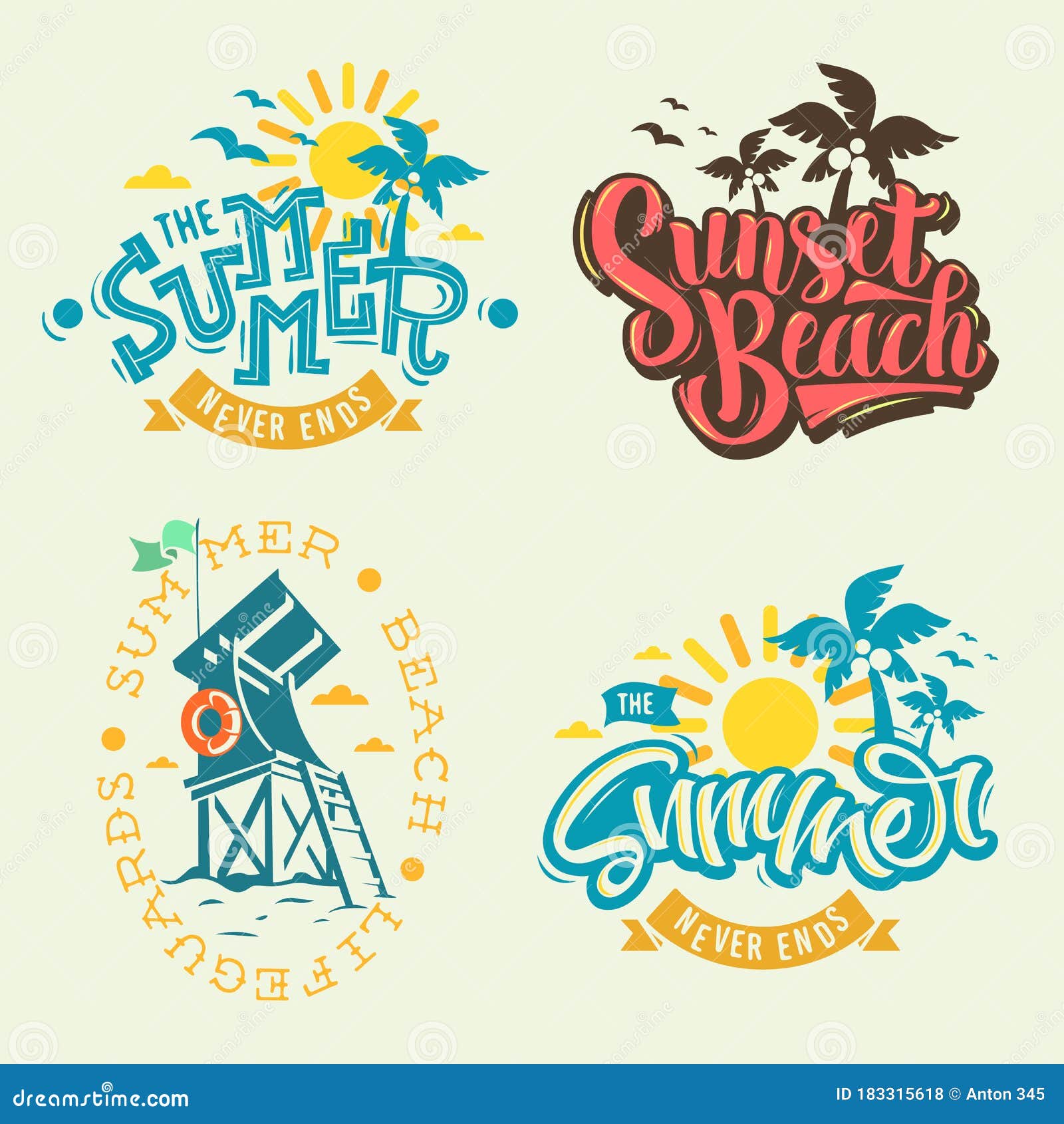 Summer Time Beach Life Hand Lettering Vector Illustrations Set Designs ...