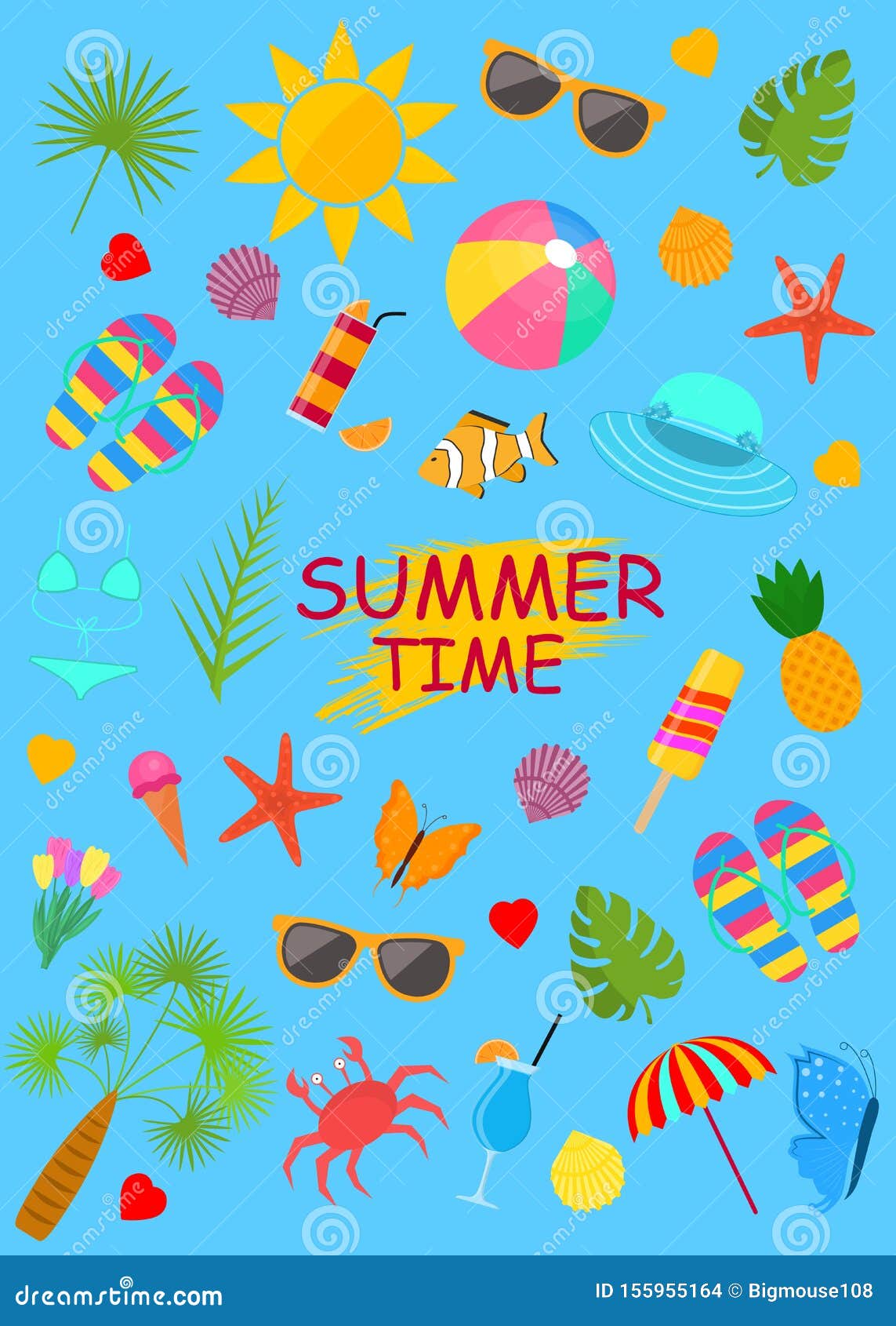 Summer Time Color Elements Set on a Blue. Vector Stock Vector ...