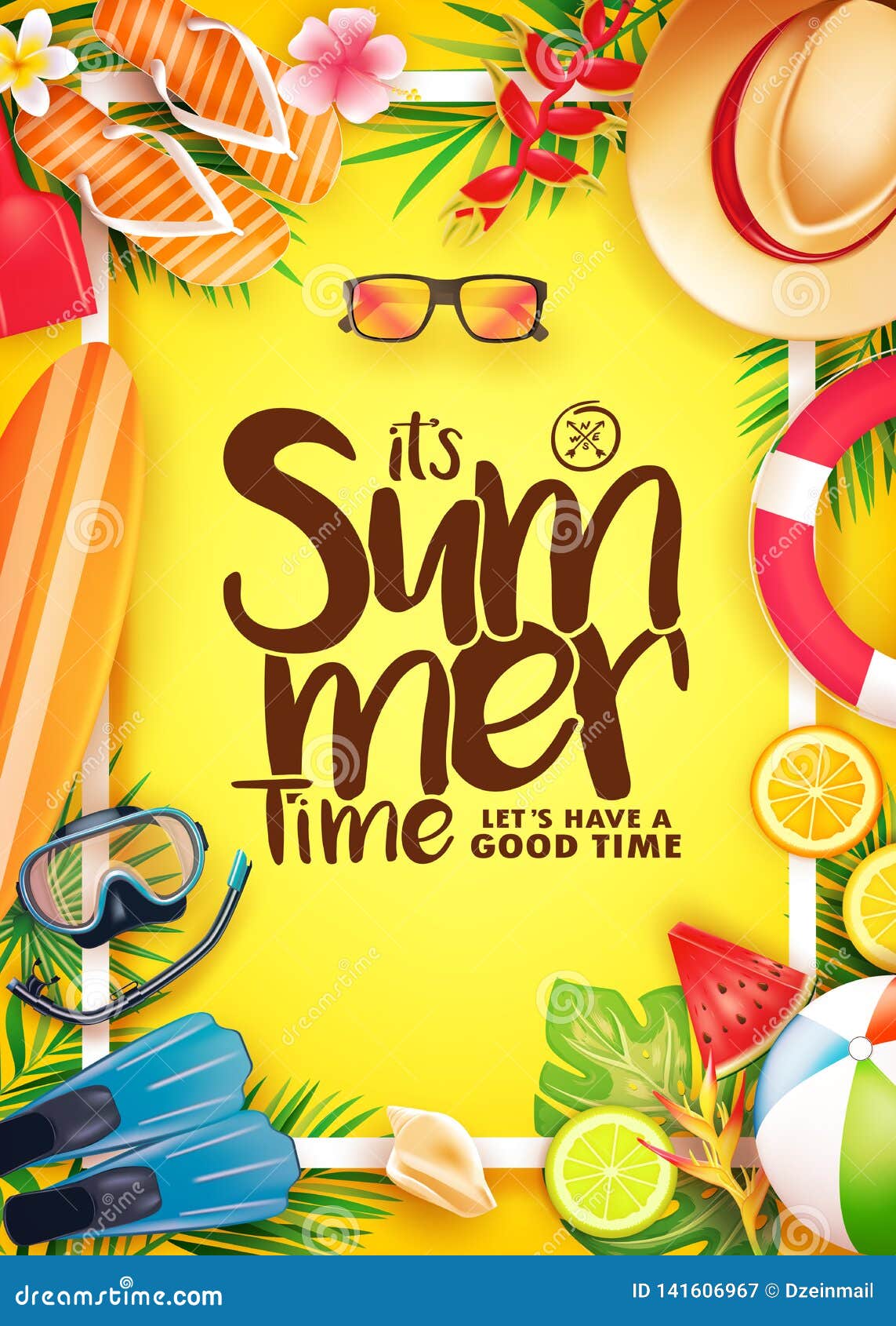 Summer Time 3D Realistic Vector Poster in Yellow Background with Frame ...