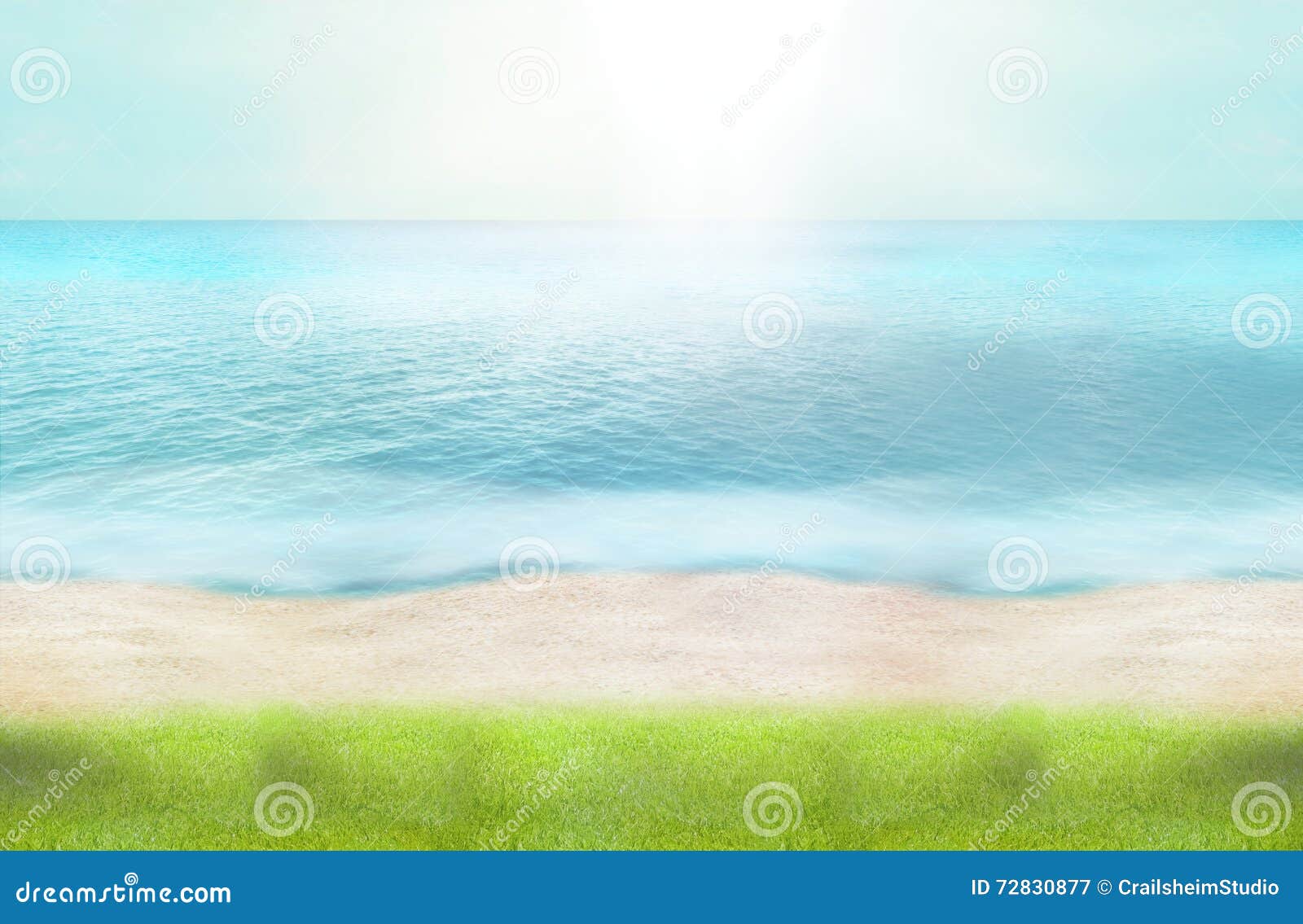 Summer Time Green Grass Beach Ocean Water 3d Render Stock Image - Image ...