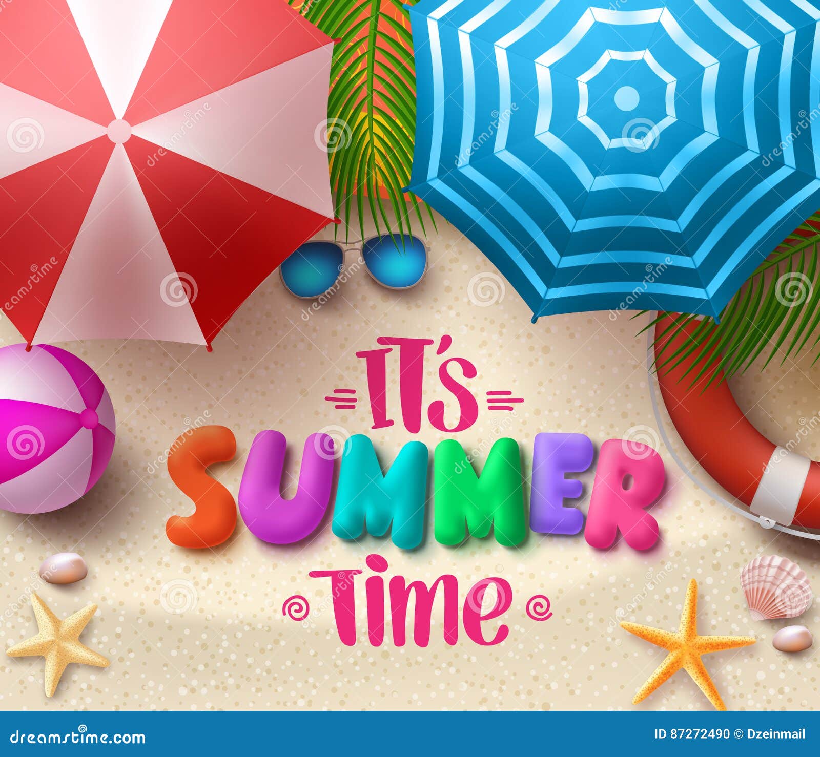 Summer Time Vector Colorful Text in the Sand with Beach Umbrellas Stock ...