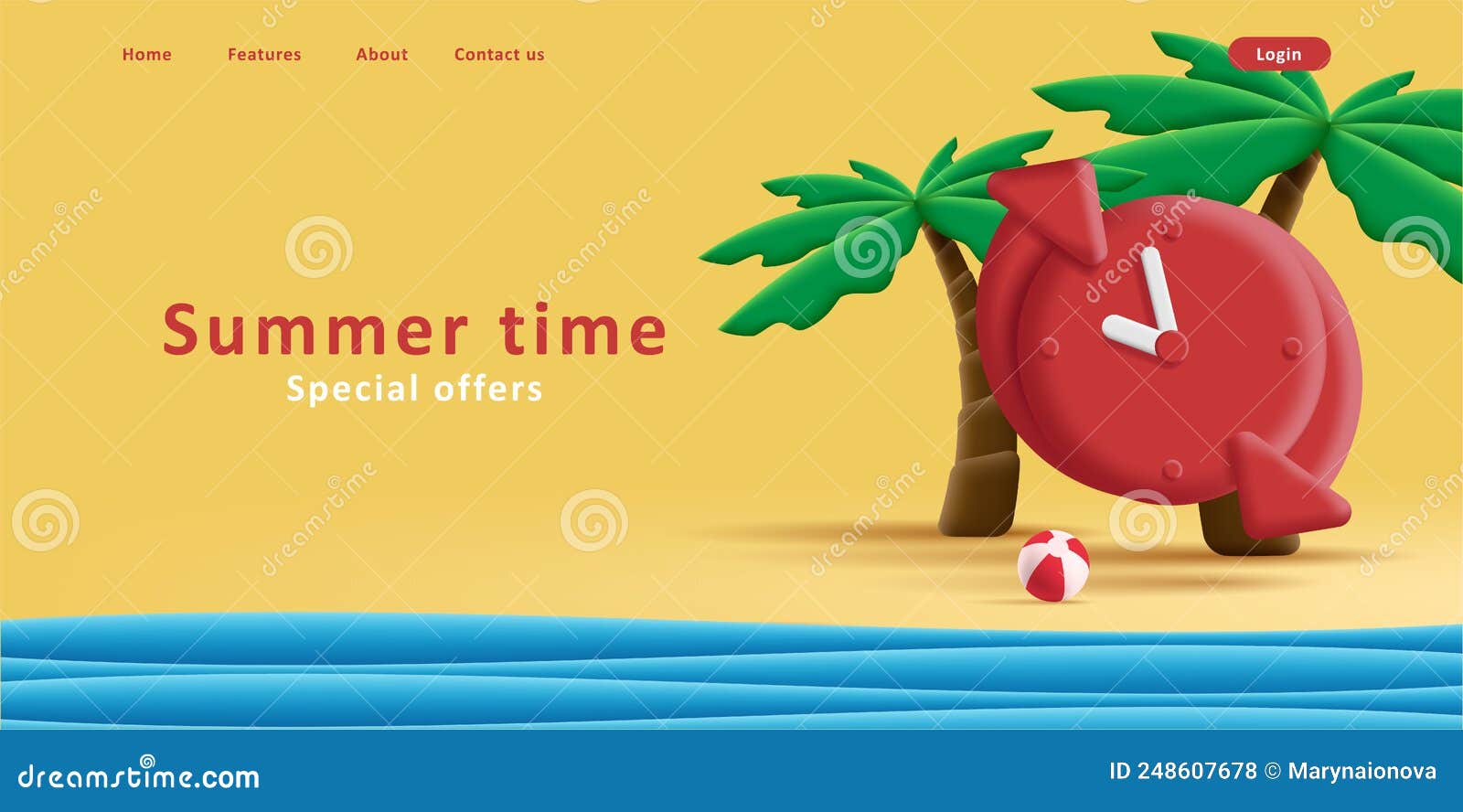 Summer Time Web Banner with Palms and Clock Watch Stock Vector ...