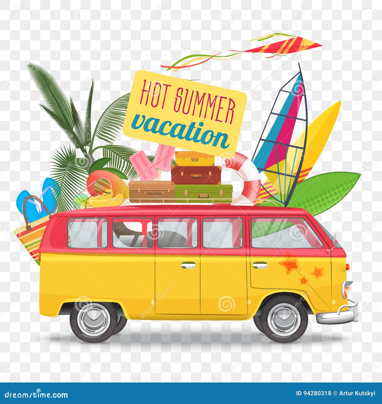 Summer Travel Vector Illustration with Bus. Beach Concept. Stock Vector ...