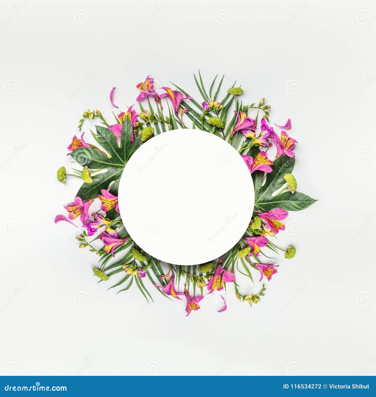 Summer Tropical Round Flowers Composition Frame with Palm Leaves on ...