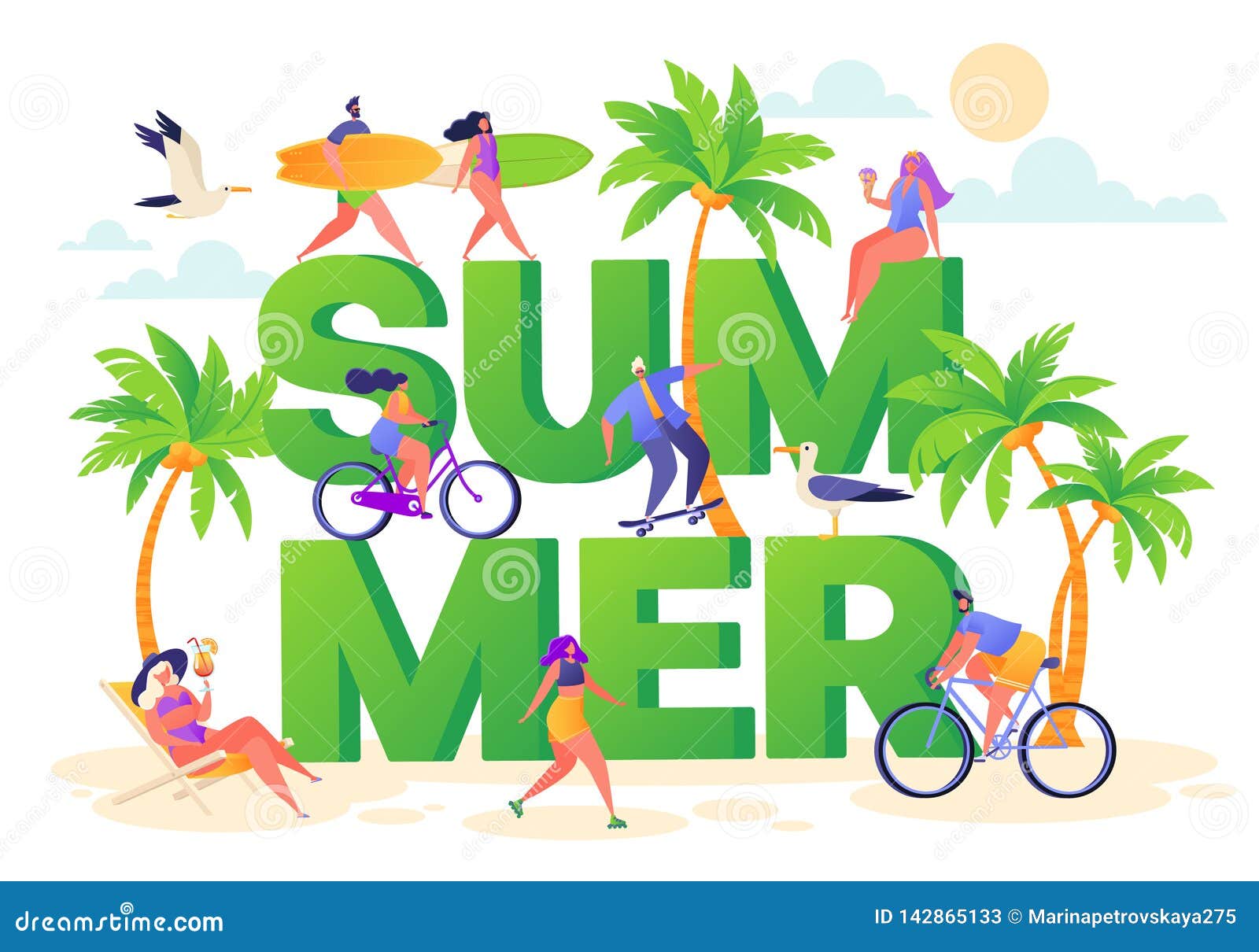 Banner on Summer Vacation Theme. Outdoor Activity and Rest on the Beach ...