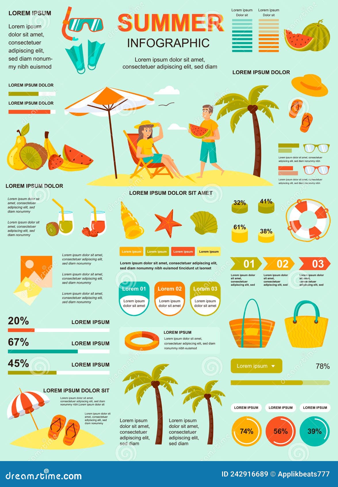 Summer Vacation Banner with Infographic Elements. Poster Template with ...
