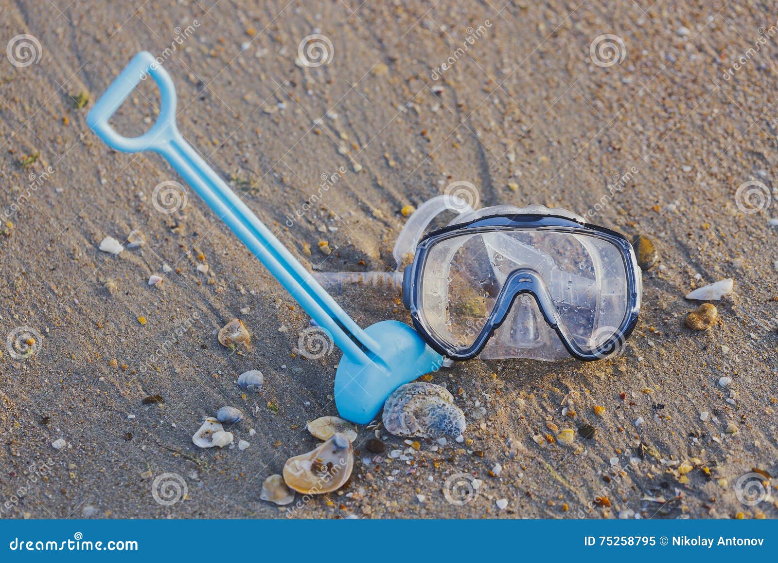 Summer Vacation Concept. Diving Mask with Shovel and Shells on the ...