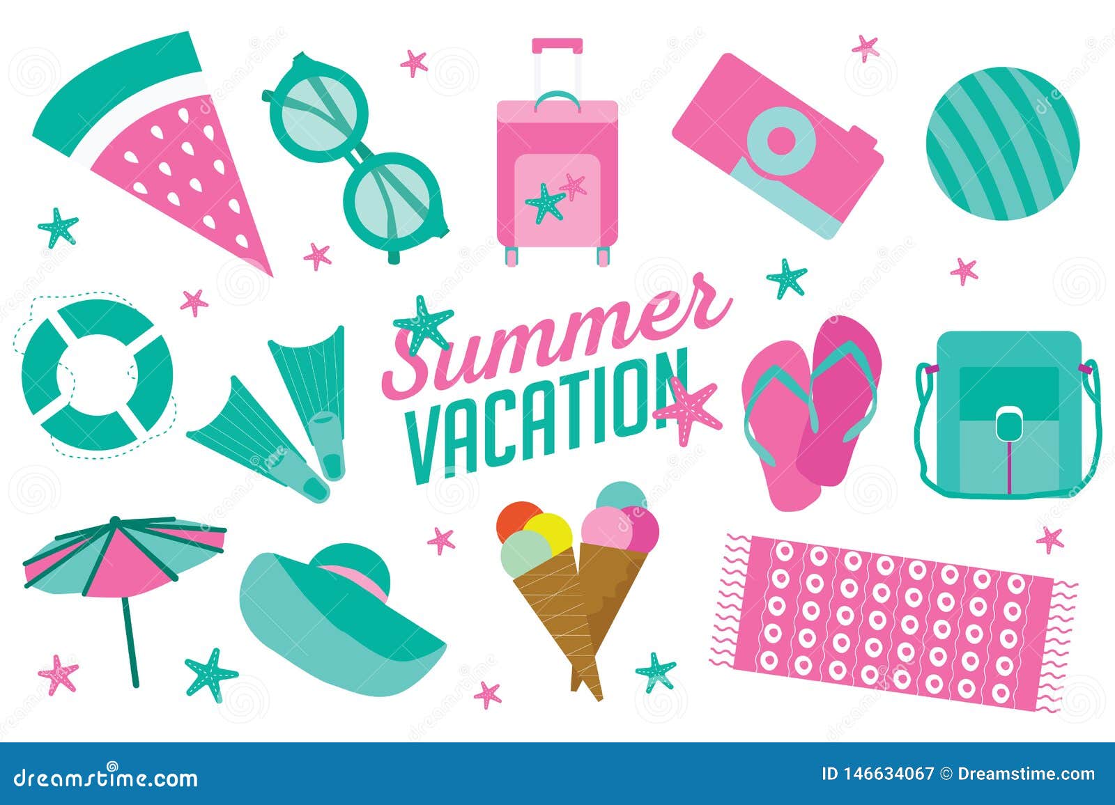 Summer Vacation Icon Set in Flat Cartoon Style Stock Vector ...