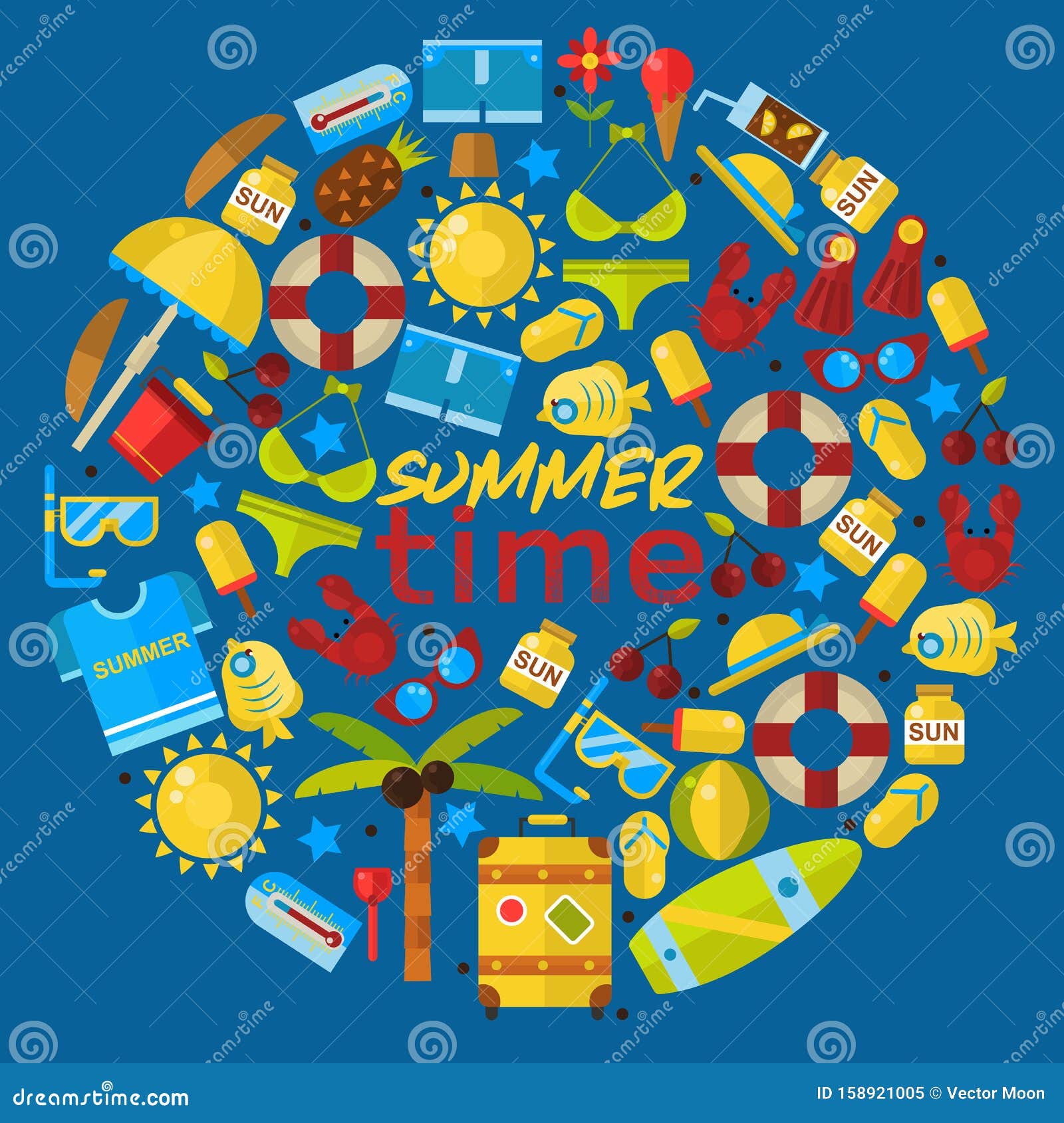 Summer Vacation Items In Round Frame Composition, Vector Illustration ...