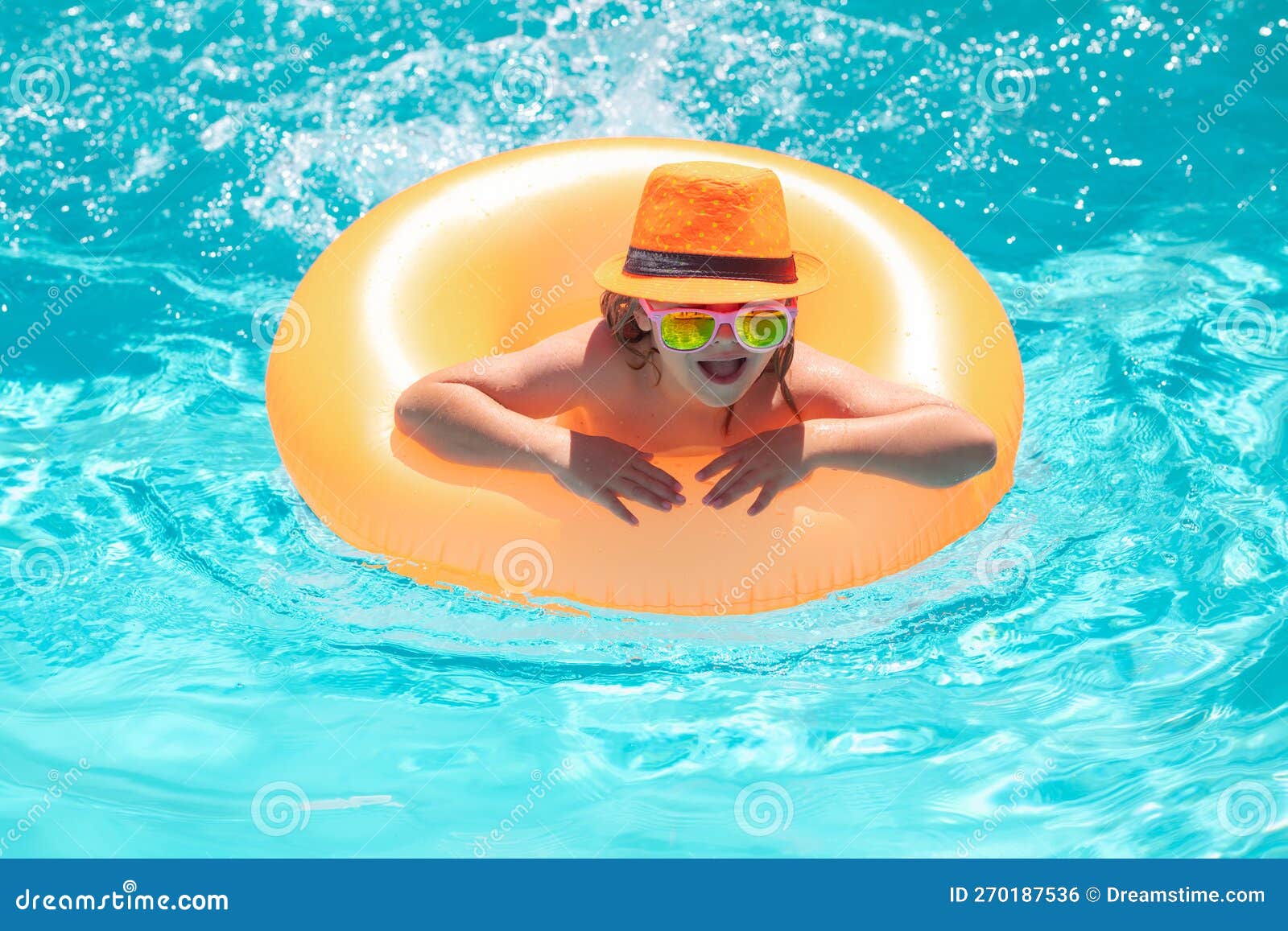 Summer Vacation on Pool Water. Child in Swimming Pool Swim on ...