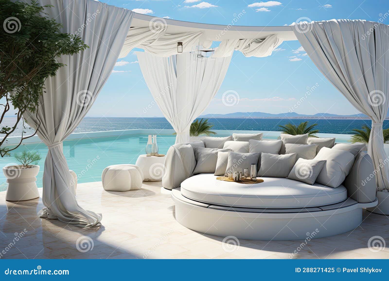 Summer Vacation at Poolside. Veranda Decorated with Deck Chairs and ...