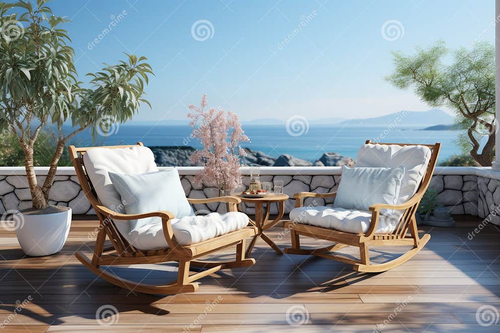Summer Vacation at Poolside. Veranda Decorated with Deck Chairs and ...